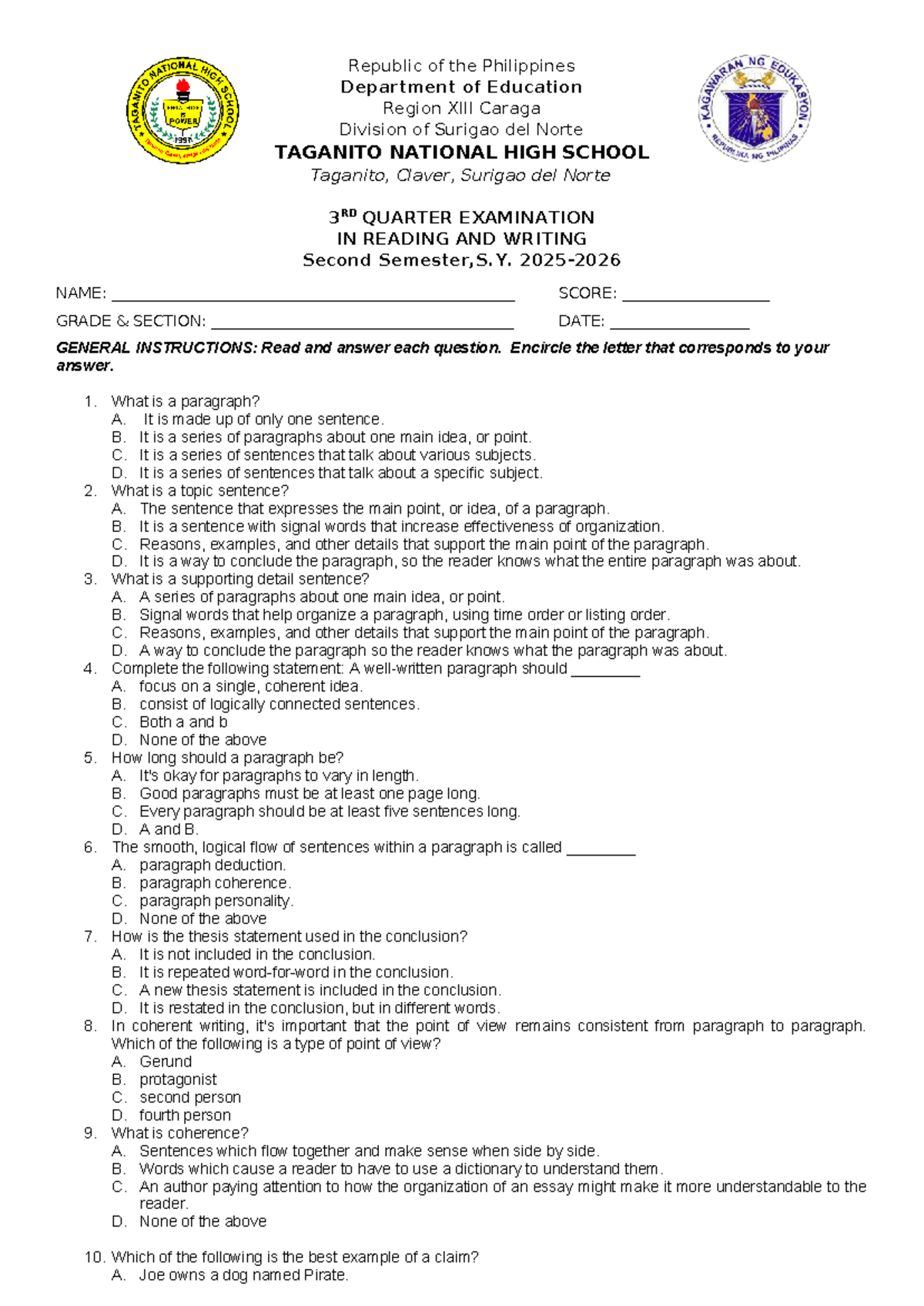 3RD Quarter EXAM - Reading and Writing Assessment - Studocu
