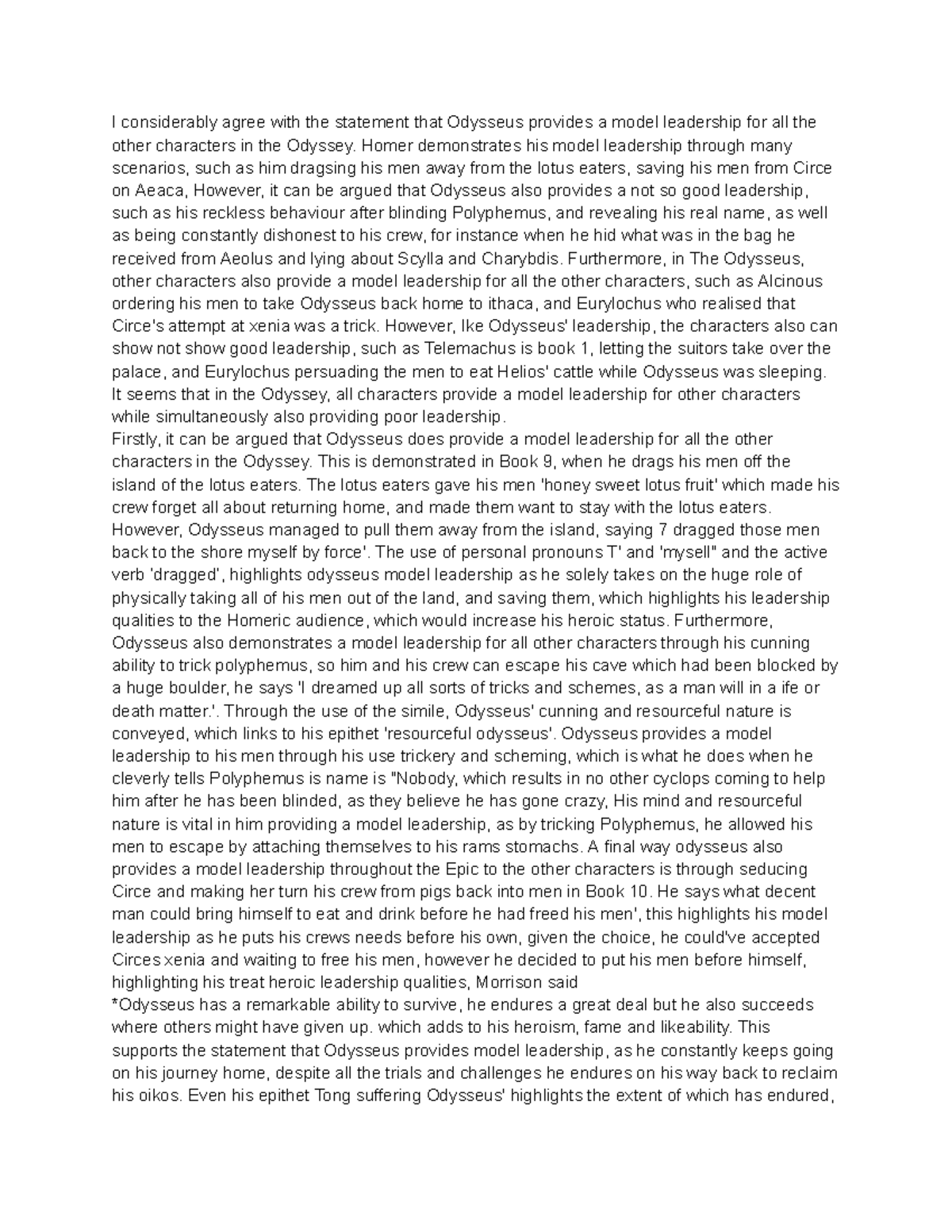 Odysseus as a Model of Leadership in Homer's Odyssey - 30 Marker Essay ...