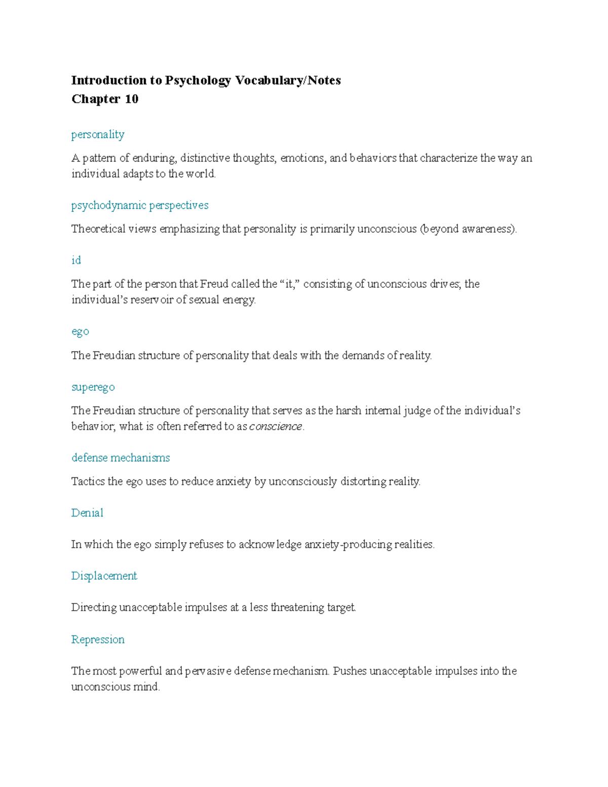 Introduction to Psychology Vocabulary Notes: Chapter 10 Personality ...