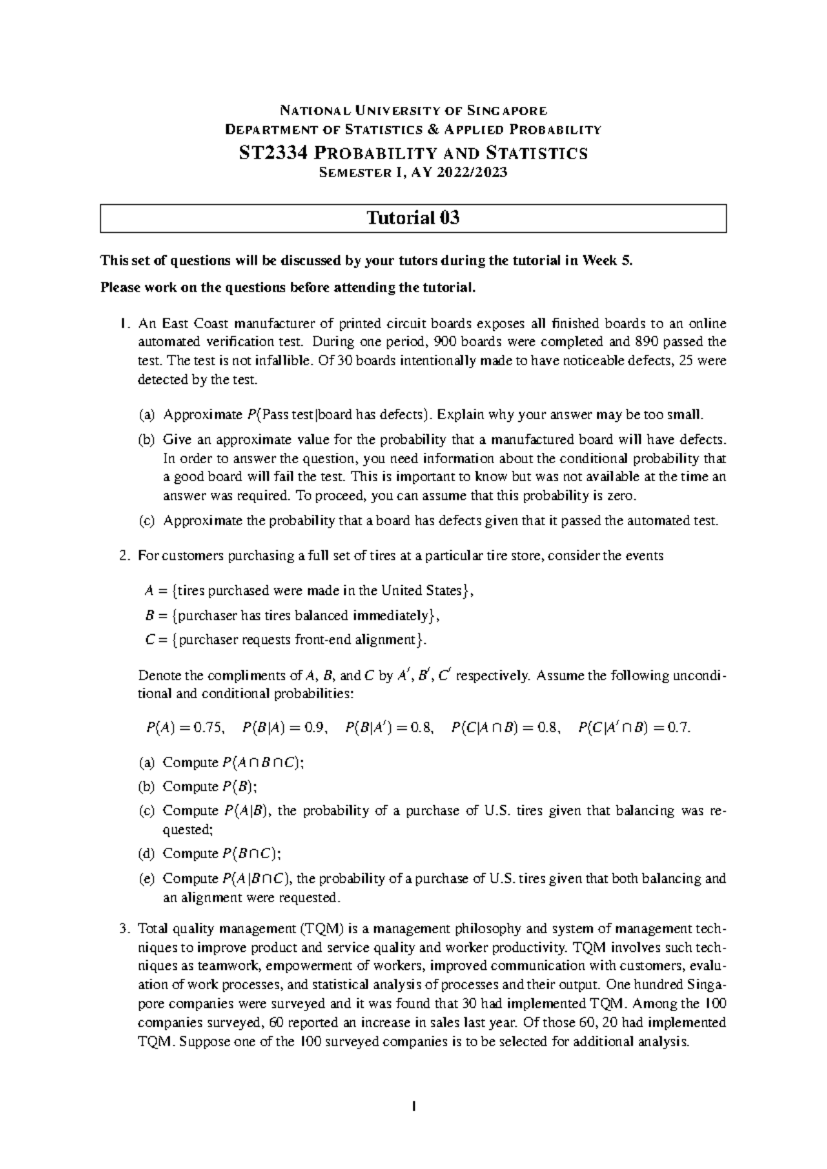 Tutorial 3 - NATIONAL UNIVERSITY OF SINGAPORE DEPARTMENT OF STATISTICS ...