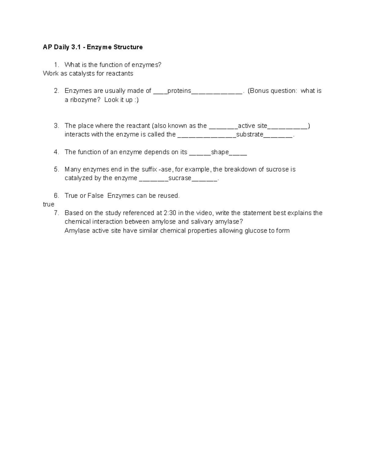 AP Daily 3 - Final Exam on Enzyme Structure and Function - Studocu
