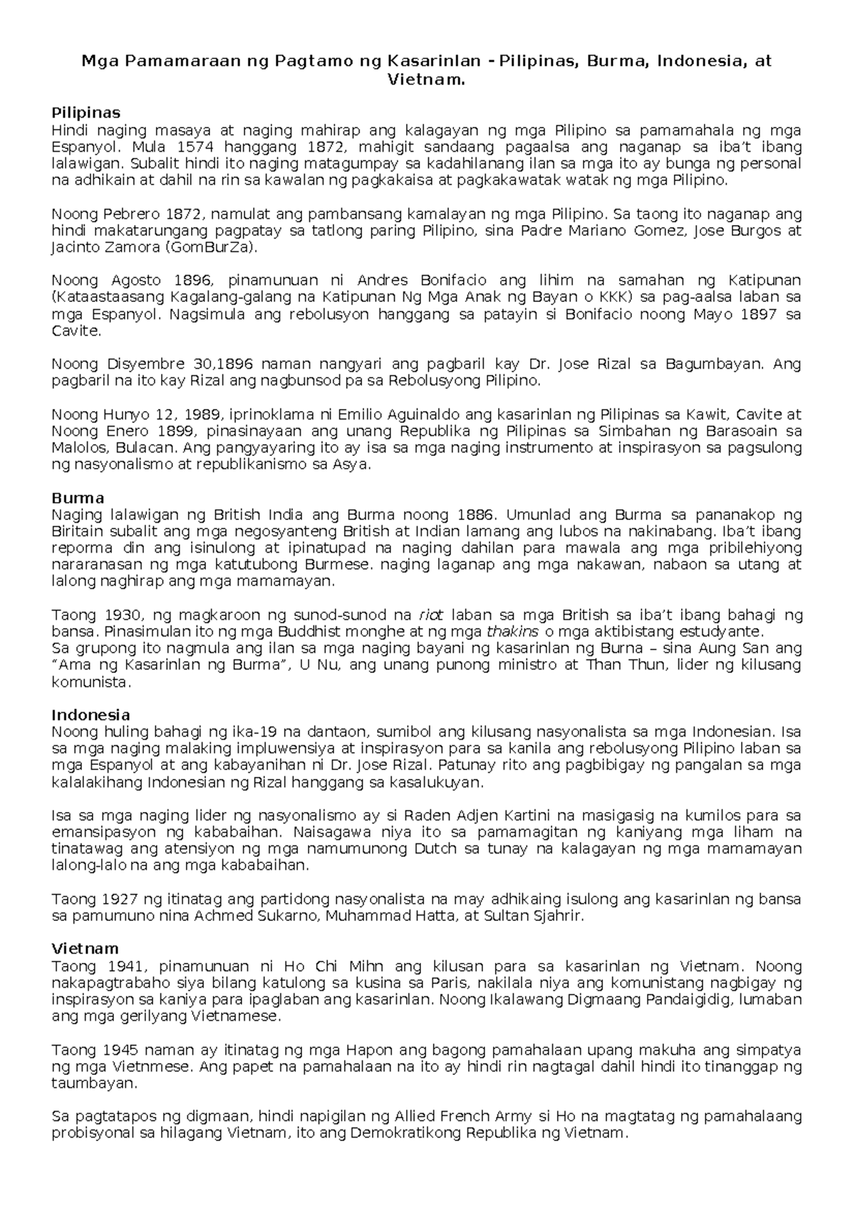 Mga Pamamaraan ng Pagtamo ng Kasarinlan sa Pilipinas, Burma, Indonesia, at Vietnam - Studocu