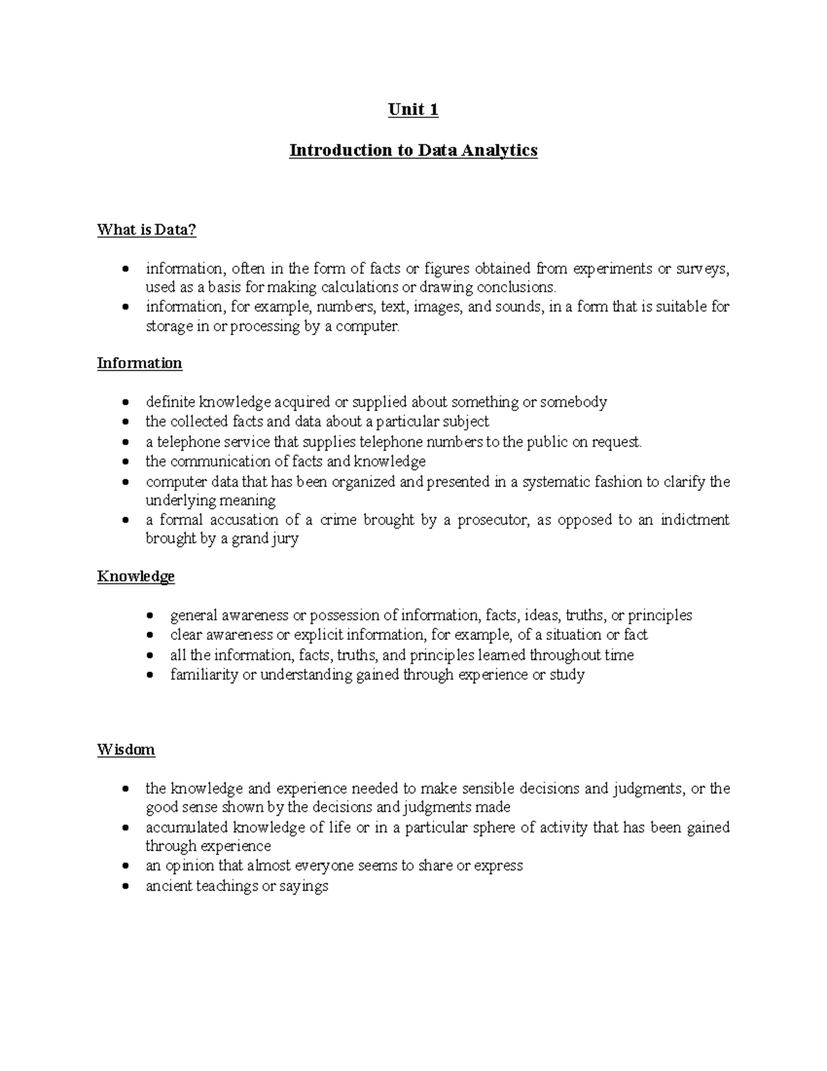 Unit 1 - Intro to Data Analytics: Key Concepts & Techniques - Studocu