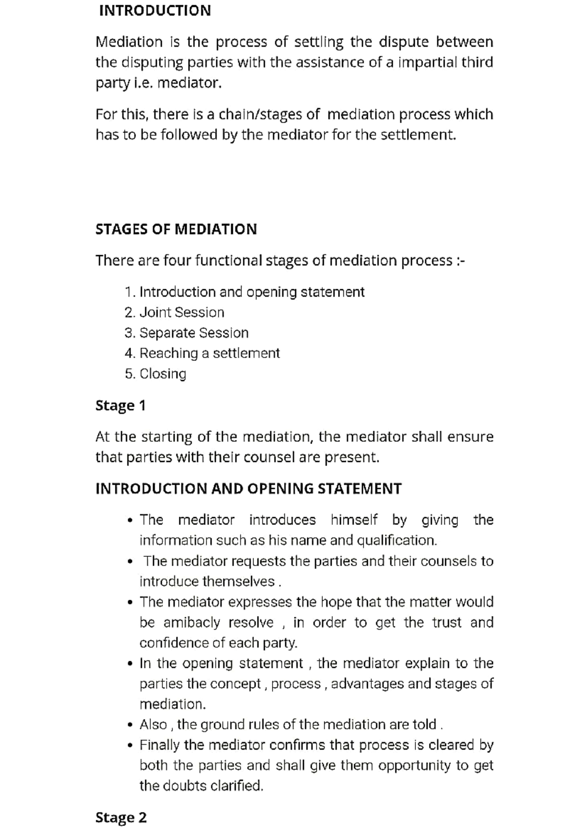 Mediation Notes: Understanding the Mediation Process and Stages - Studocu