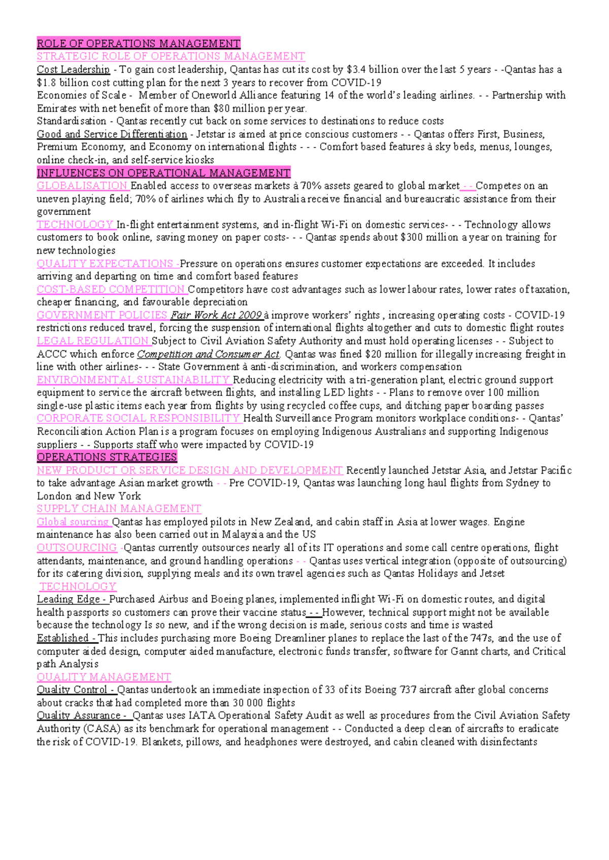 Qantas Operations Management Strategies Cheat Sheet (STAT) - Studocu