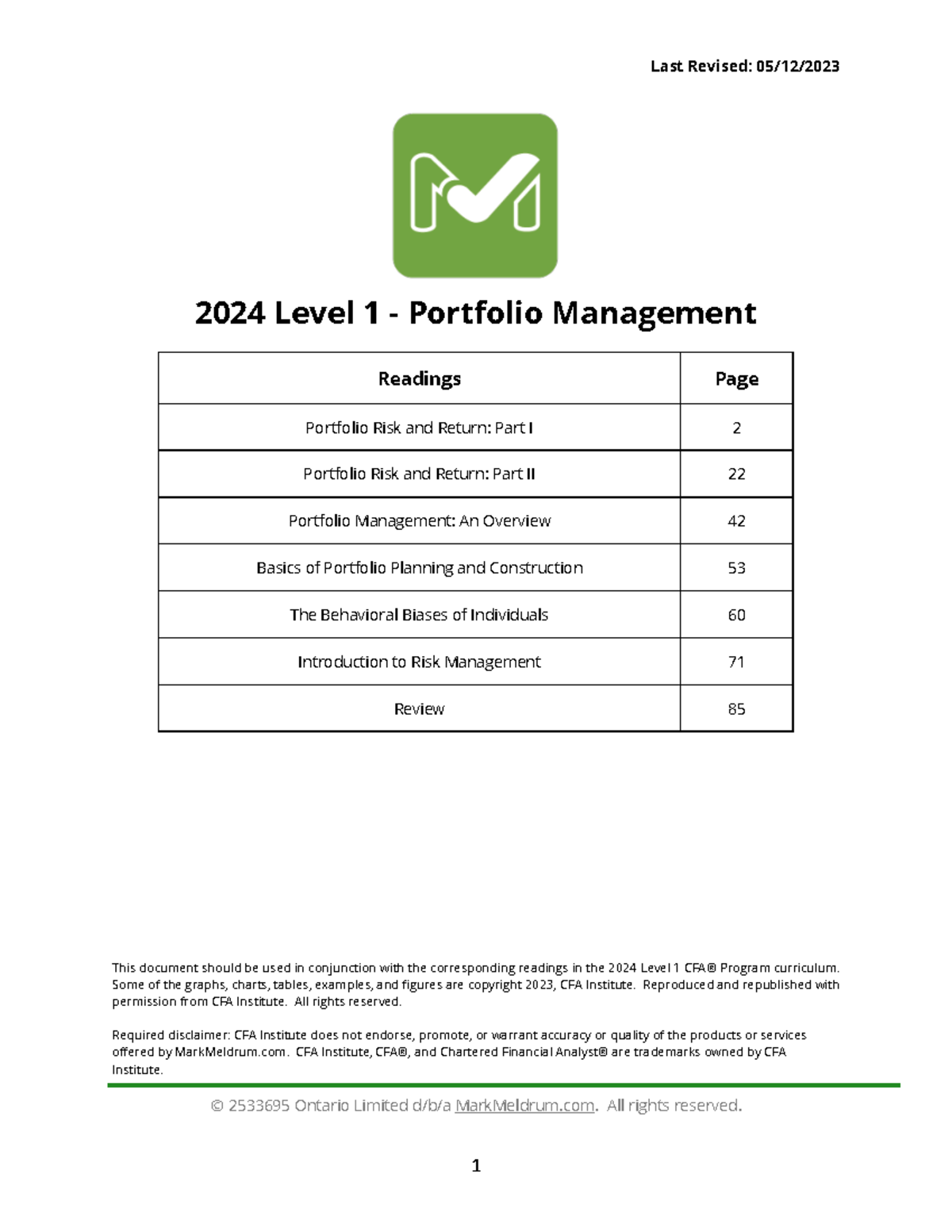 MM Notes 2024: Portfolio Management Readings & Risk Analysis - Studocu