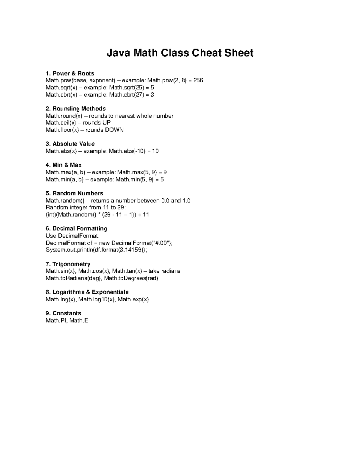 Java Math Class Cheat Sheet: Key Functions & Examples - Studocu