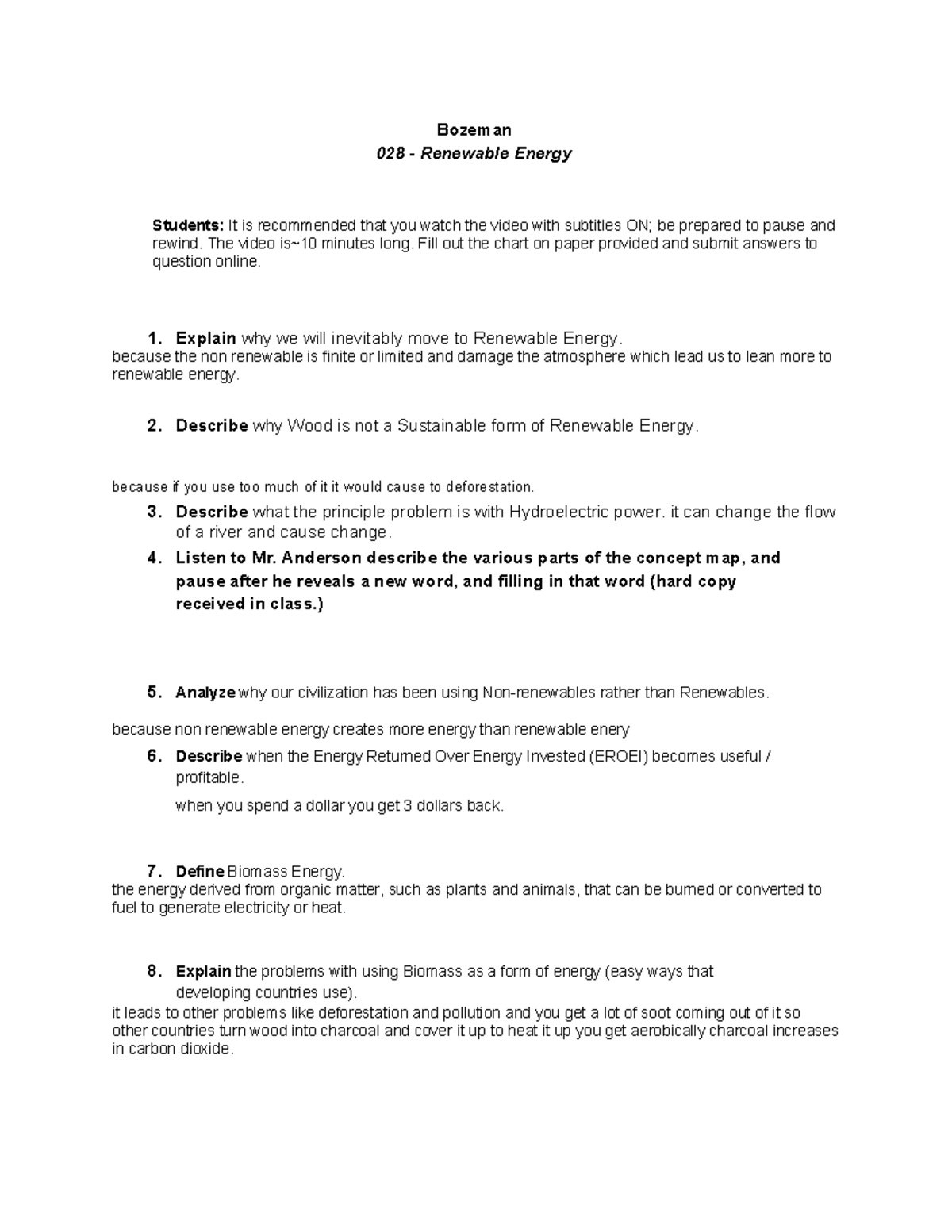 Bozeman 028 Renewable Energy: Key Concepts and Video Guide - Studocu