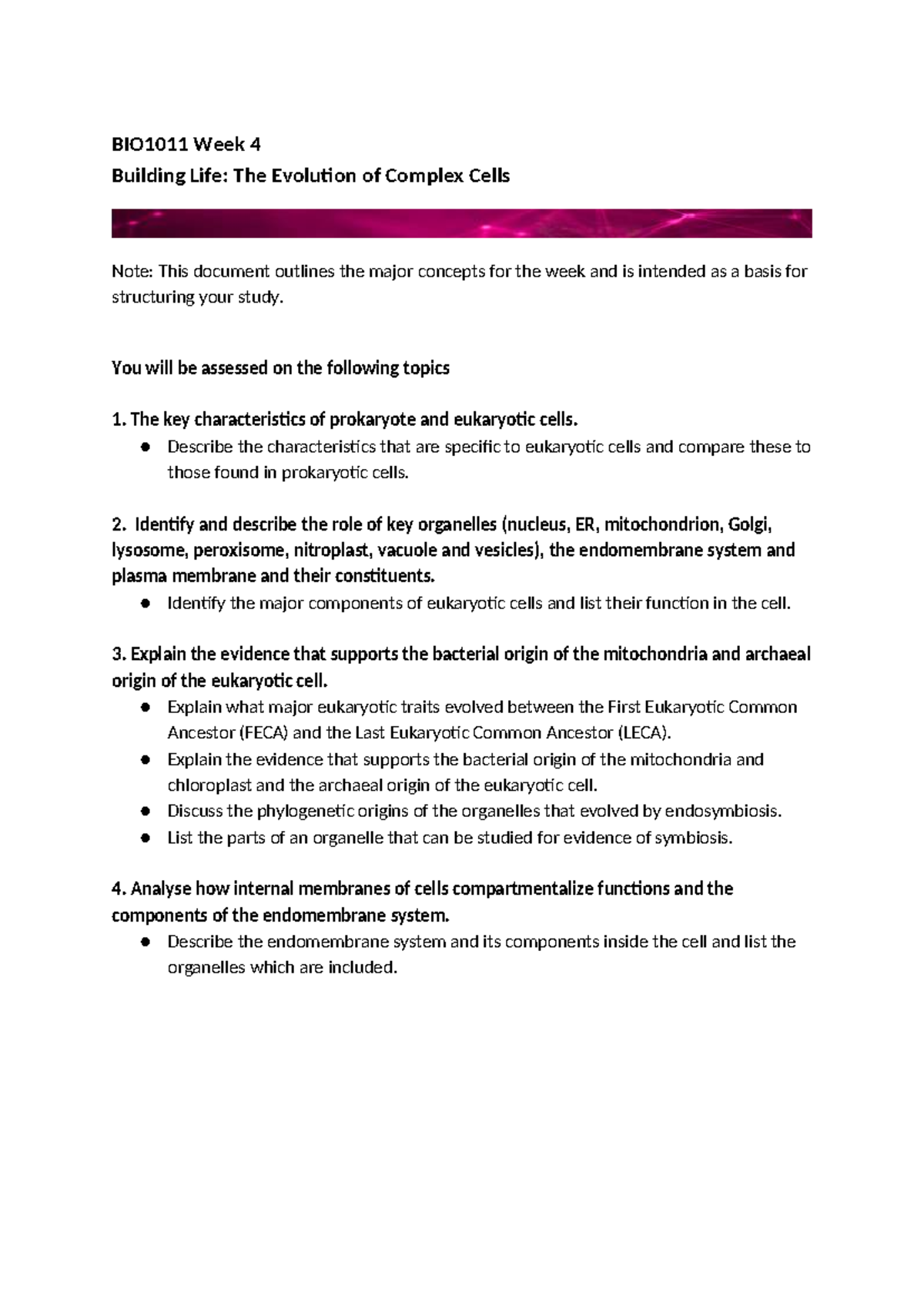 BIO1011 Week 4 Study Guide: Evolution of Complex Cells - Studocu
