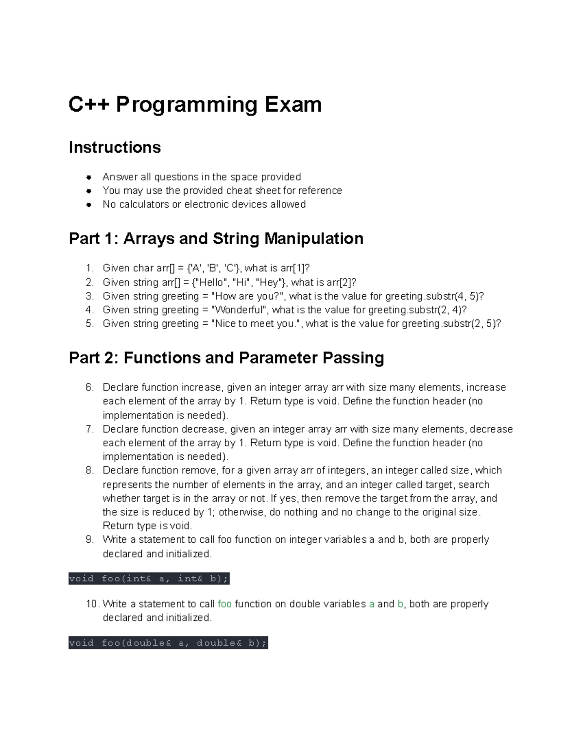 C++ Midterm Exam Practice: Arrays, Functions, and Control Flow - Studocu