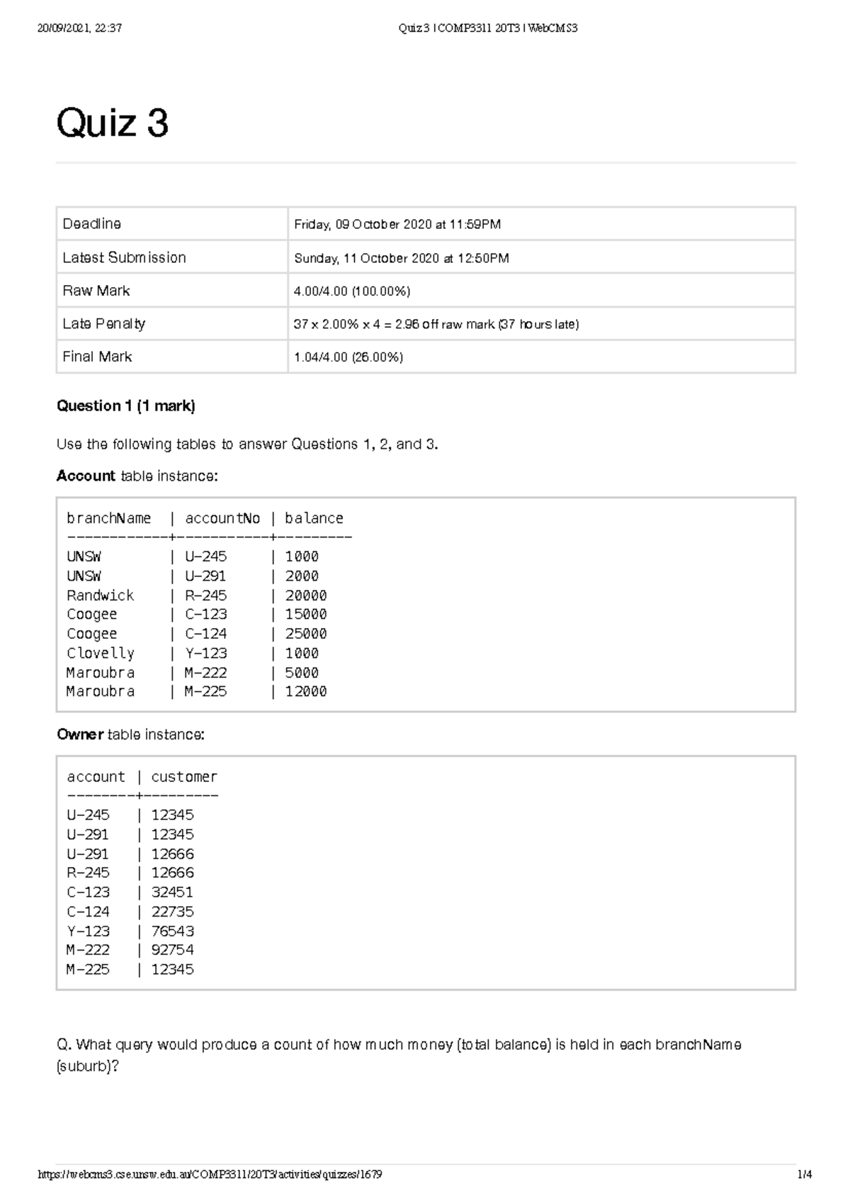 Quiz 3 COMP3311 20T3 Web CMS 3 - COMP3311 - UNSW Sydney - Studocu