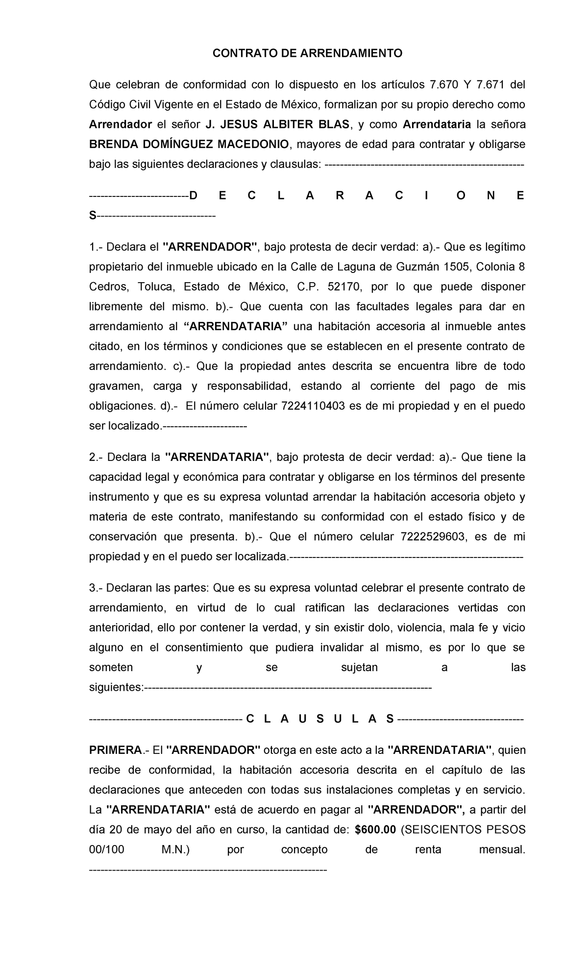 Contrato de Arrendamiento - J. Jesús Albitér Blas y Brenda Domínguez ...