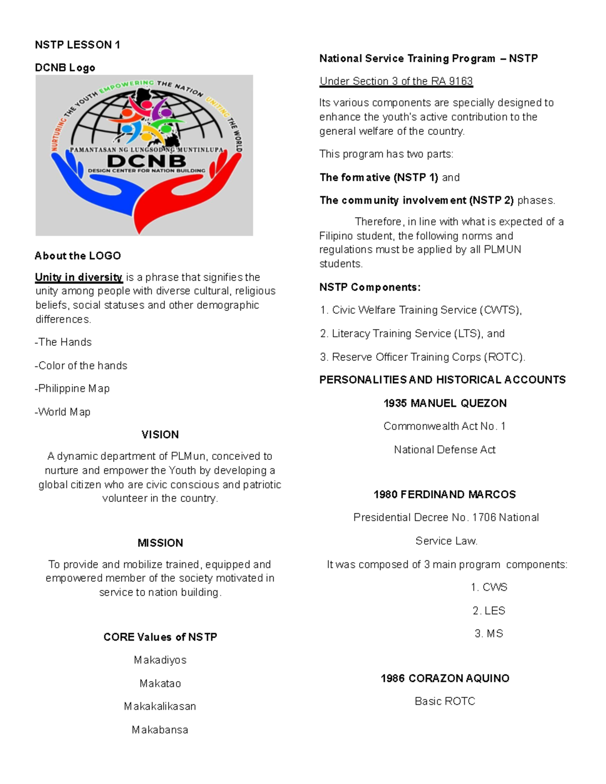 NSTP Lesson 1: Unity, Values, and Historical Context Overview - Studocu