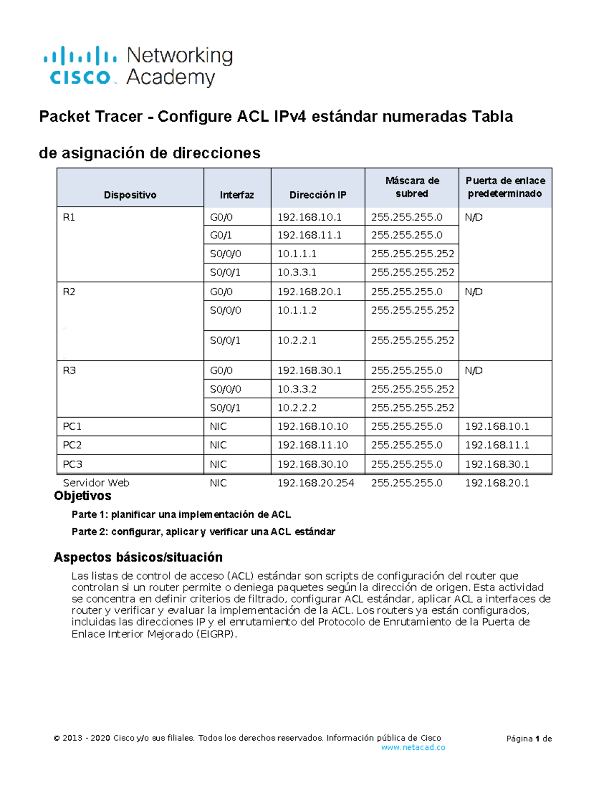 Configuración de ACL Estándar Numeradas en IPv4 - Packet Tracer - Studocu