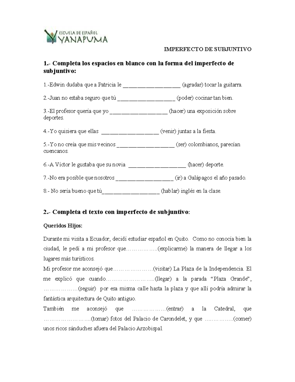 Ejercicios de Imperfecto de Subjuntivo en Español - Studocu