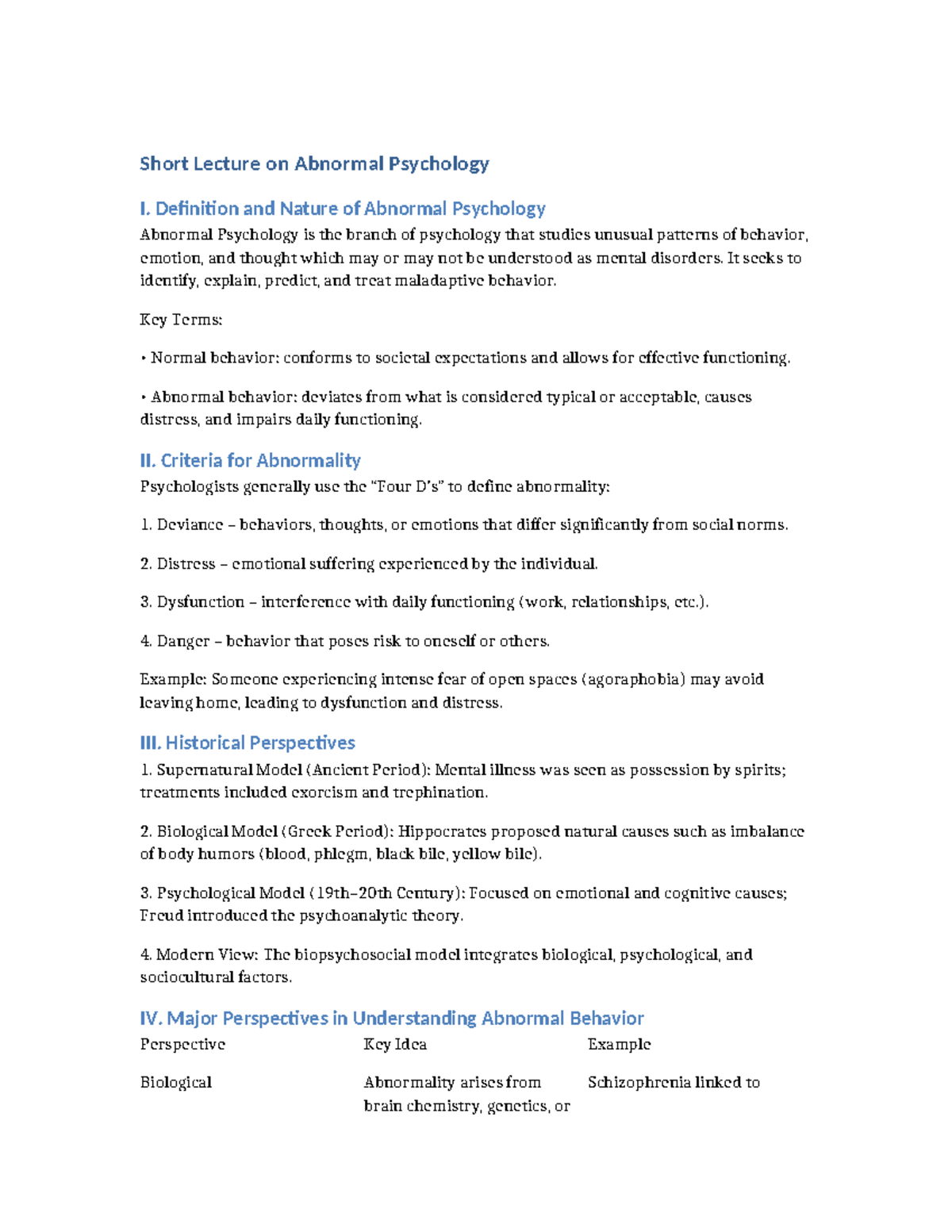 Abnormal Psychology I: Key Concepts and Perspectives Lecture Notes ...
