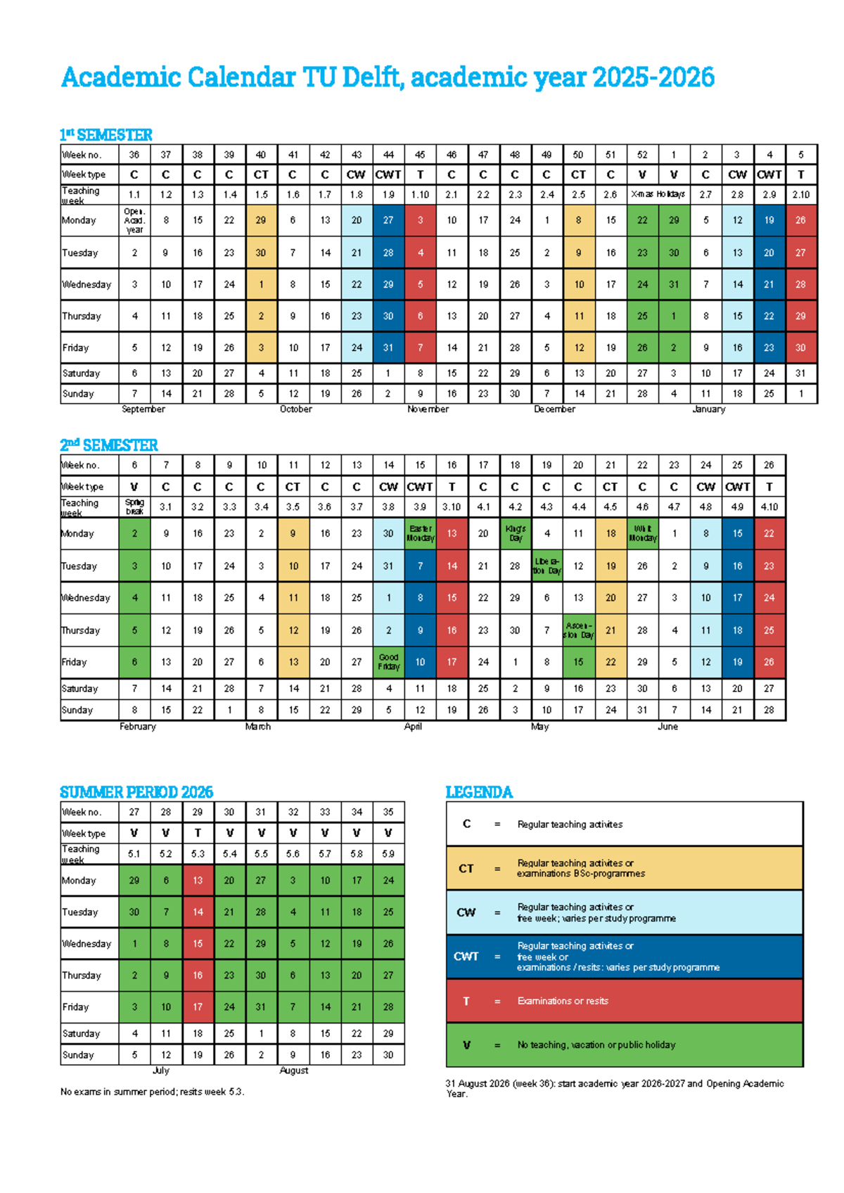 Academic Calendar TU Delft 2025-2026: 1st & 2nd Semester Overview ...