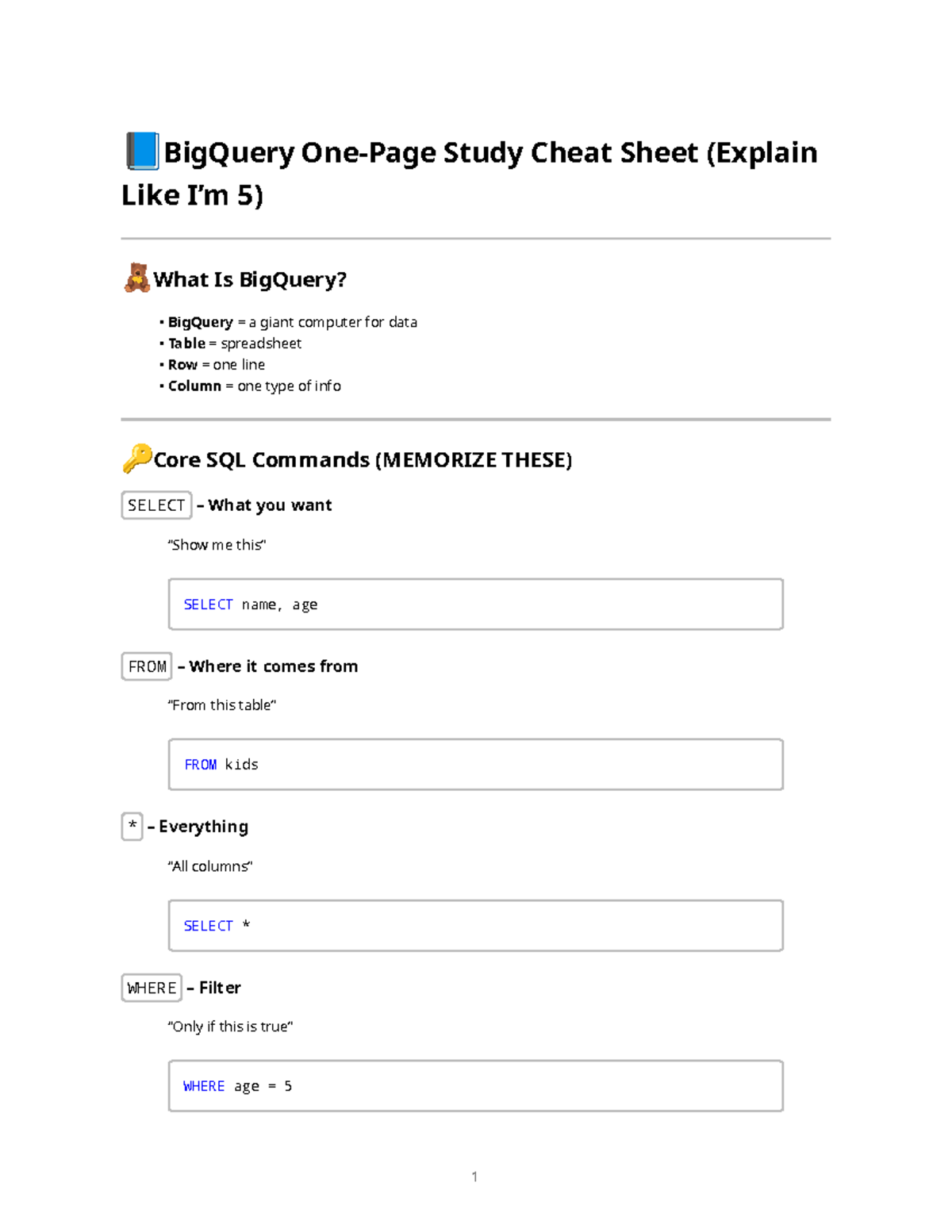 BigQuery One-Page Study Cheat Sheet (Explain Like 5) - Studocu