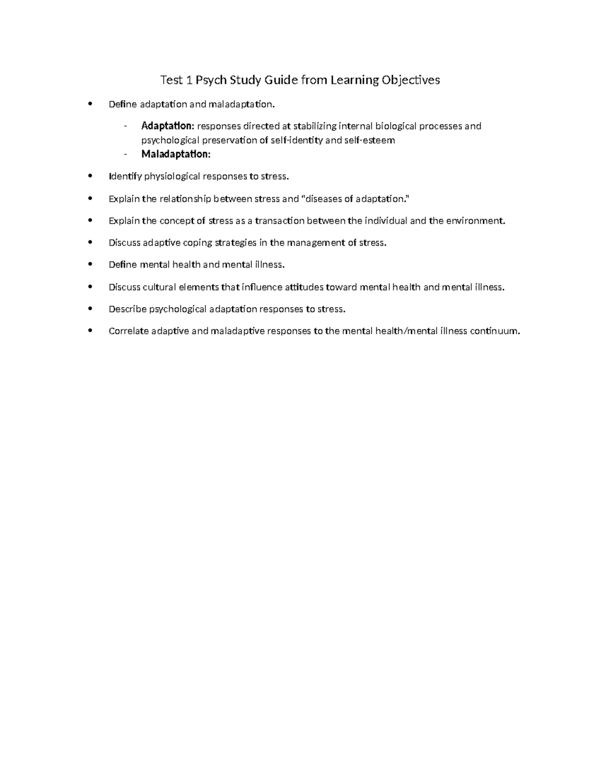 Test 1 Psych Study Guide from Learning Objectives - Adaptation ...