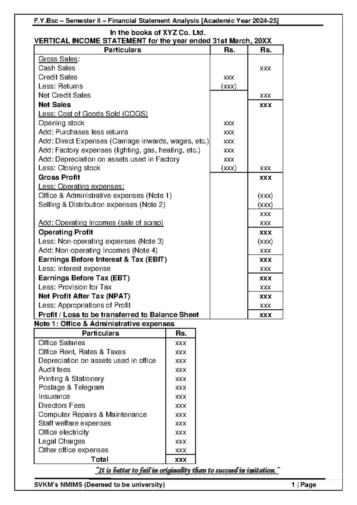 F.Y.Bsc Sem II Financial Statement Analysis: Vertical Format Guide ...