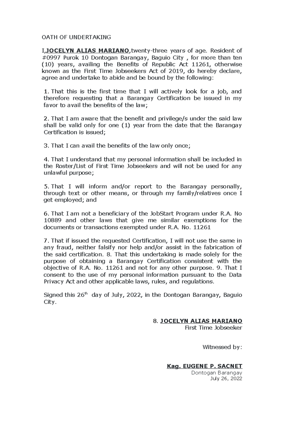 Oath of Undertaking for First Time Jobseekers - RA 11261 Compliance ...