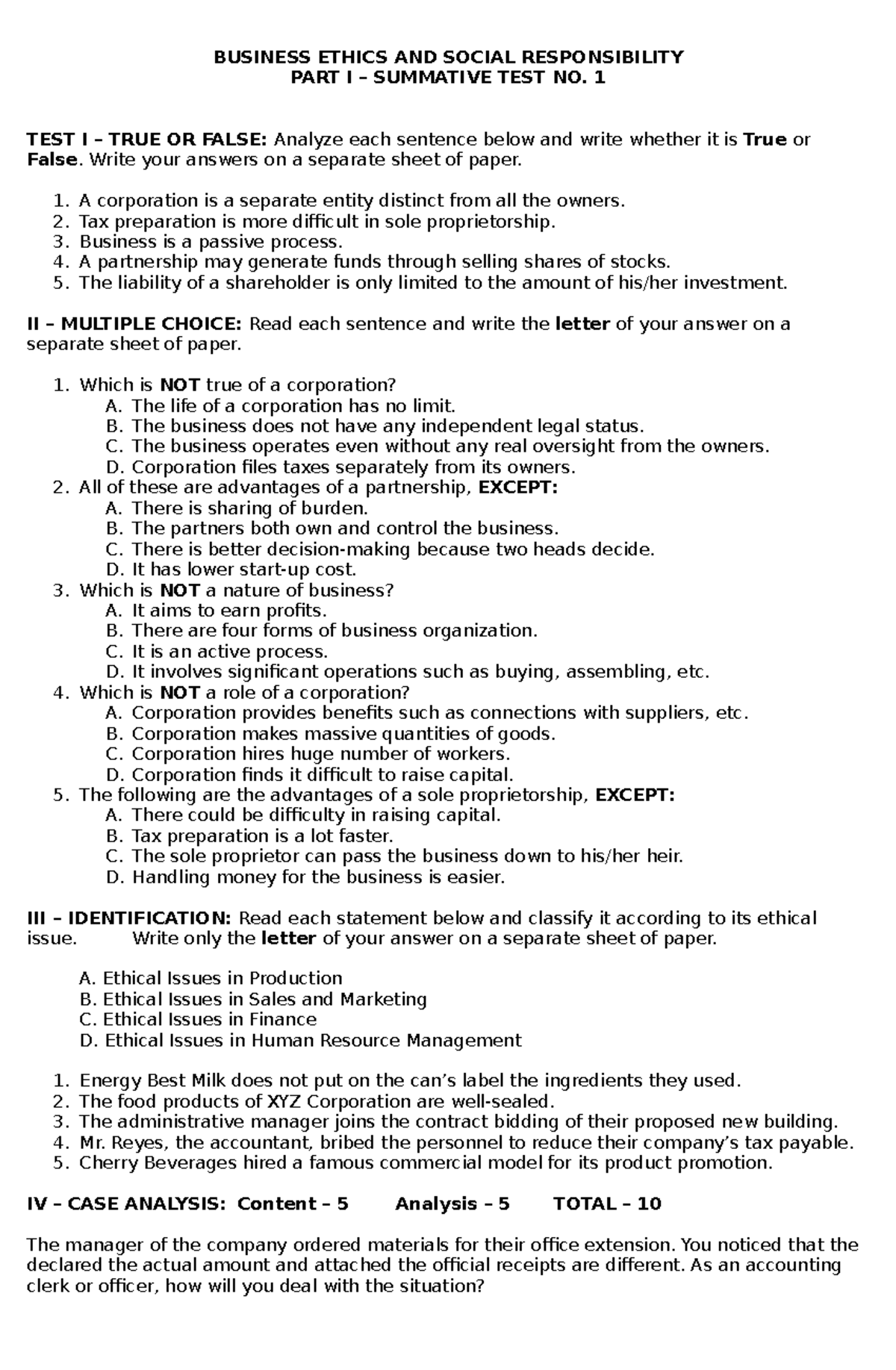BESR Summative TEST 1-2 - BUSINESS ETHICS AND SOCIAL RESPONSIBILITY ...