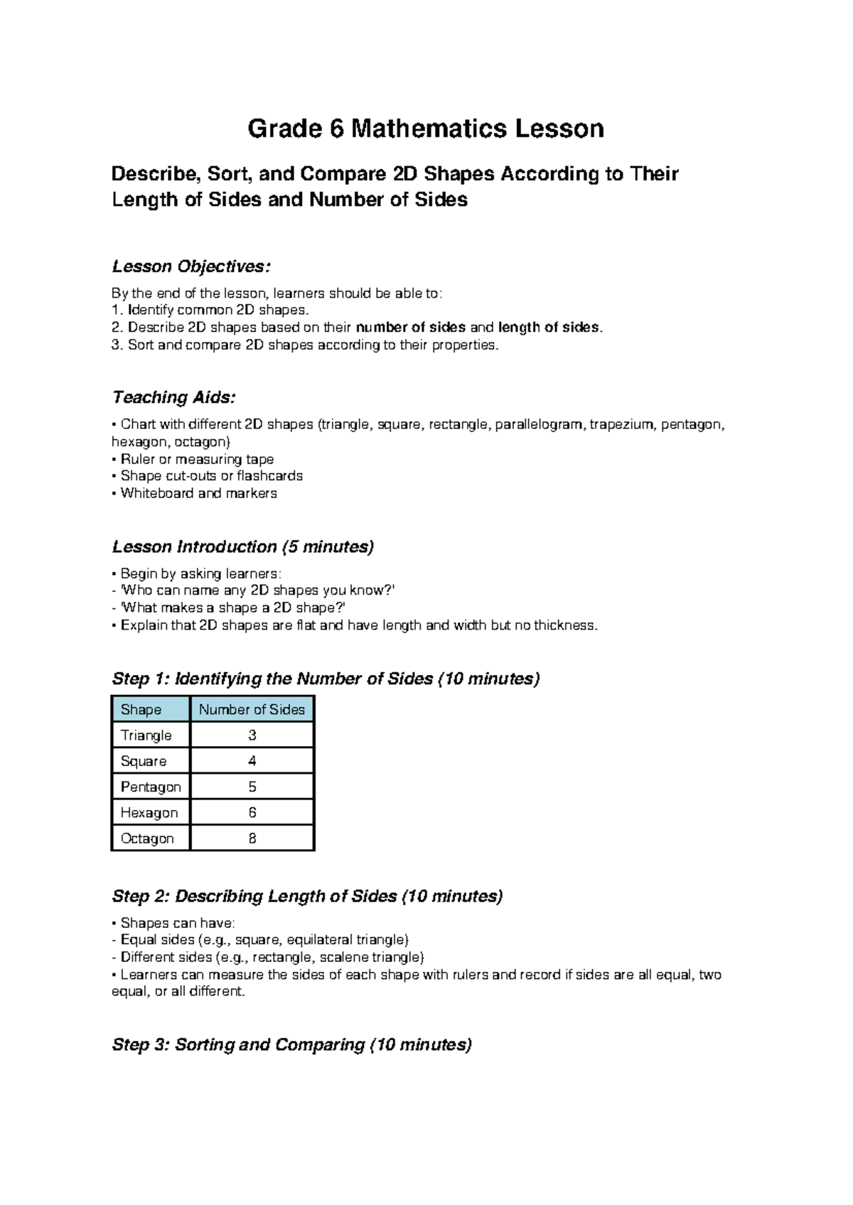 Grade 6 Math Lesson: Describe & Compare 2D Shapes - Studocu