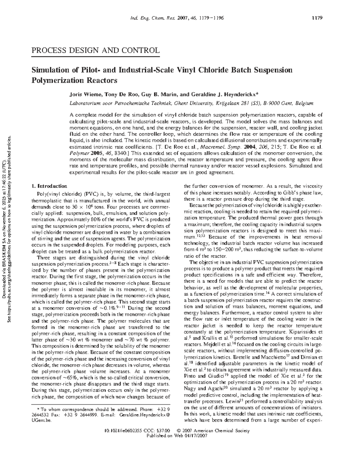Simulation of PVC Batch Suspension Polymerization Reactors (Ind. Eng ...