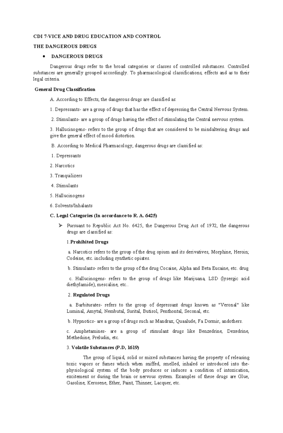 CDI 101: Understanding Dangerous Drugs and Their Classifications - Studocu
