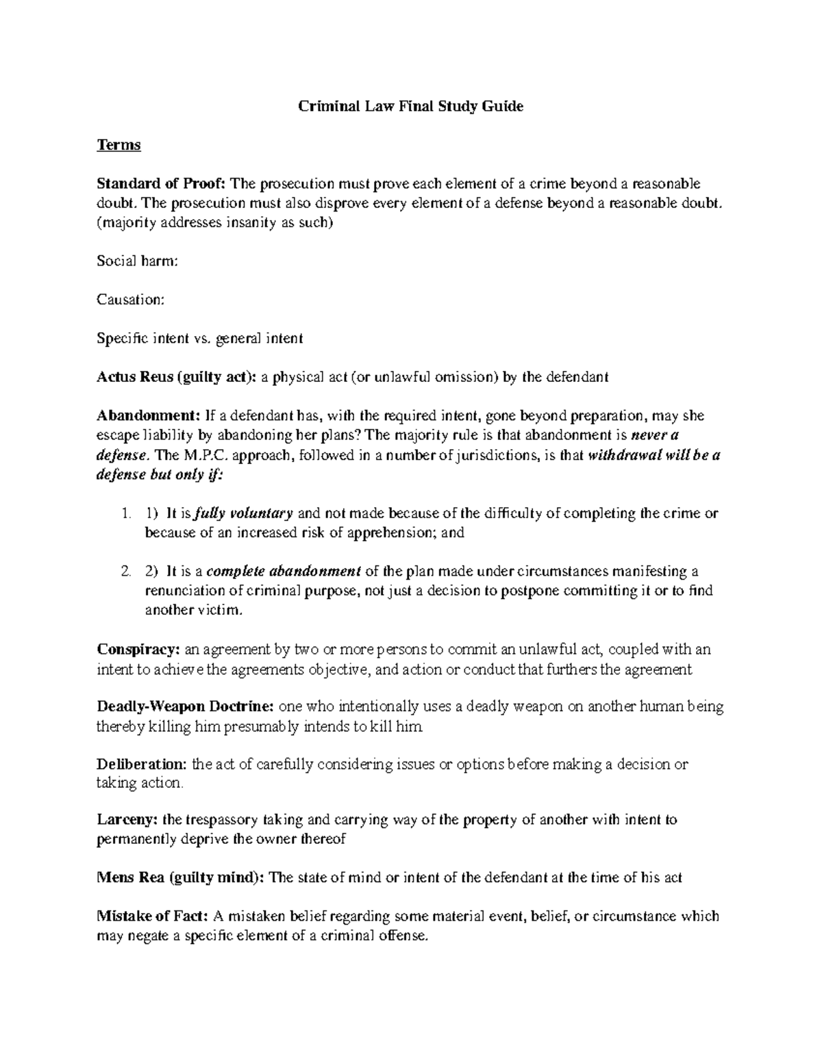 Criminal Law (CL100) Final Exam Study Guide & Cheat Sheet - Studocu