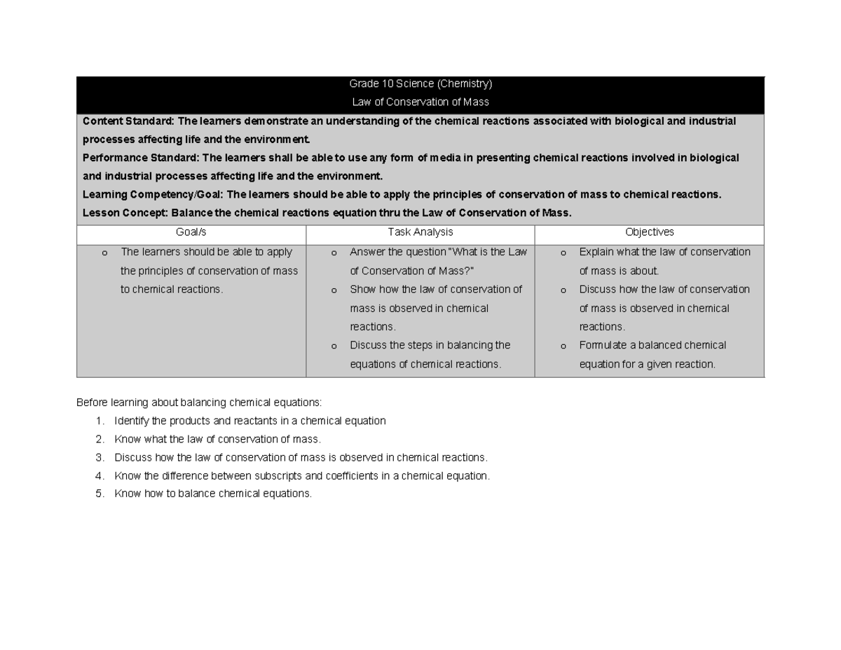 Grade 10 Science: Task Analysis on Chemical Reactions & Conservation of ...