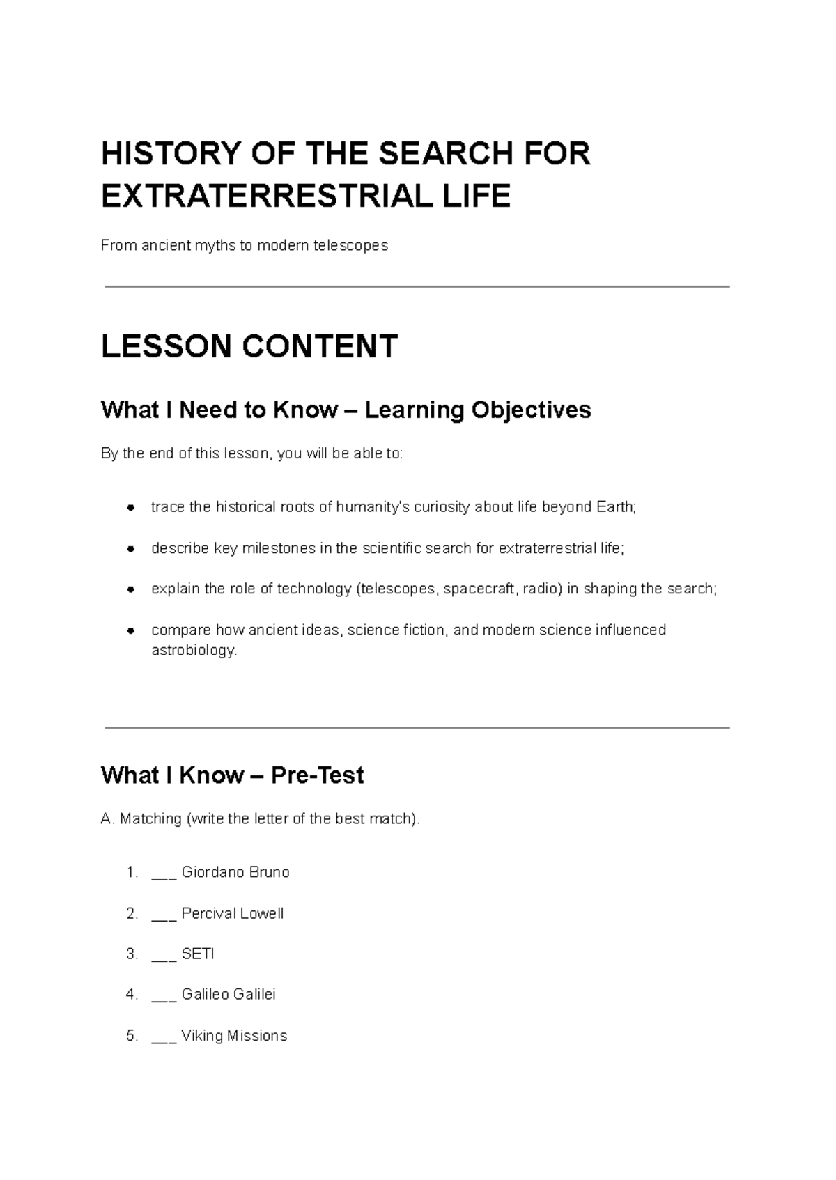 A2 - History of the Search for Extraterrestrial Life: Lesson Content ...