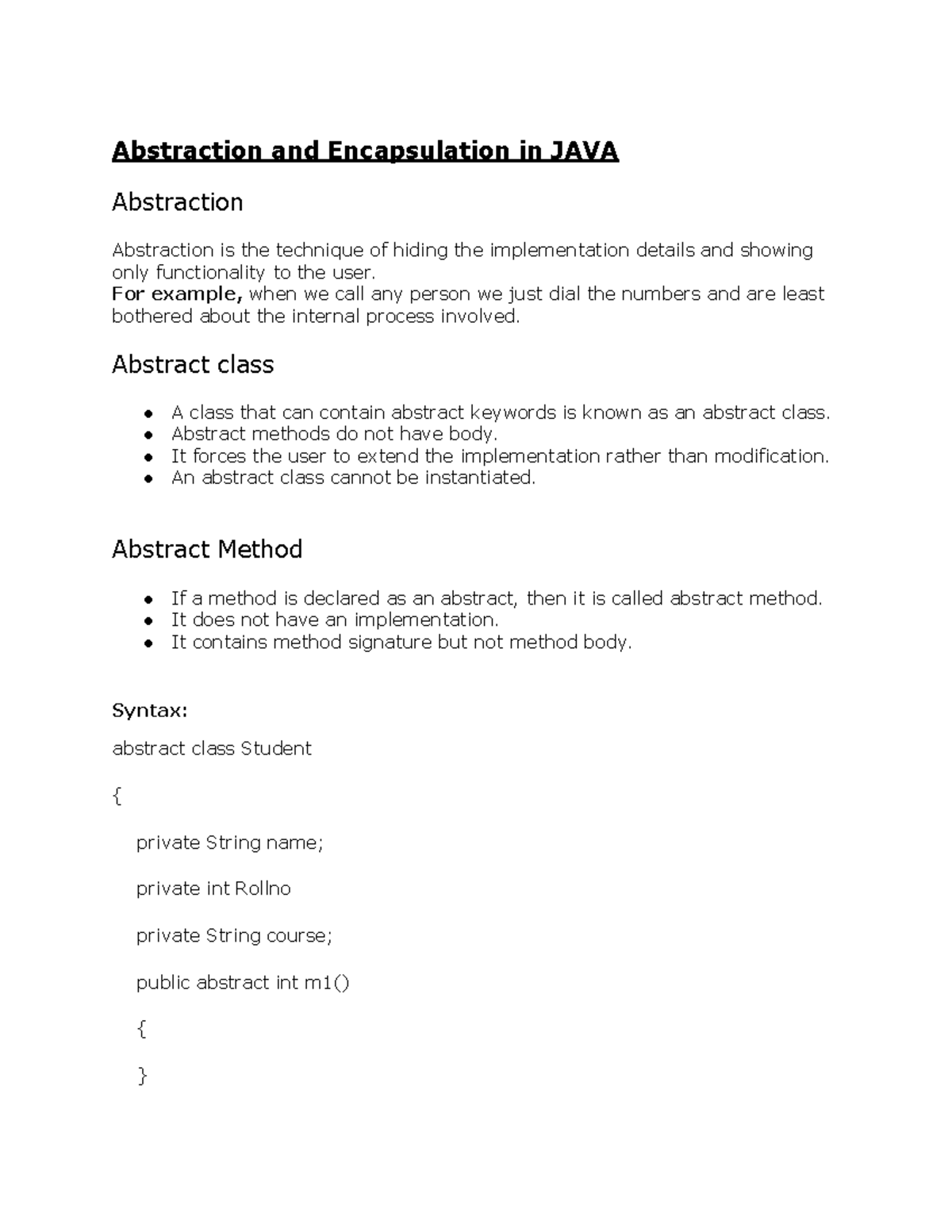 JAVA Lecture Notes: Abstraction & Encapsulation Concepts - Studocu