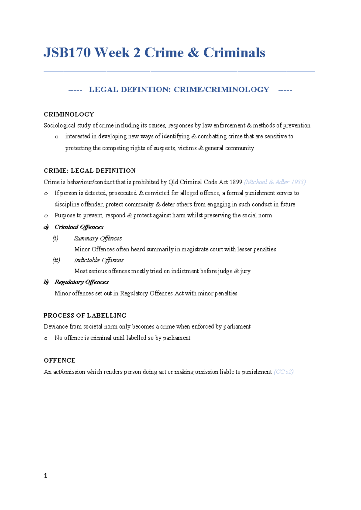 JSB170 Week 2 Lecture: Understanding Crime and Criminals - Studocu