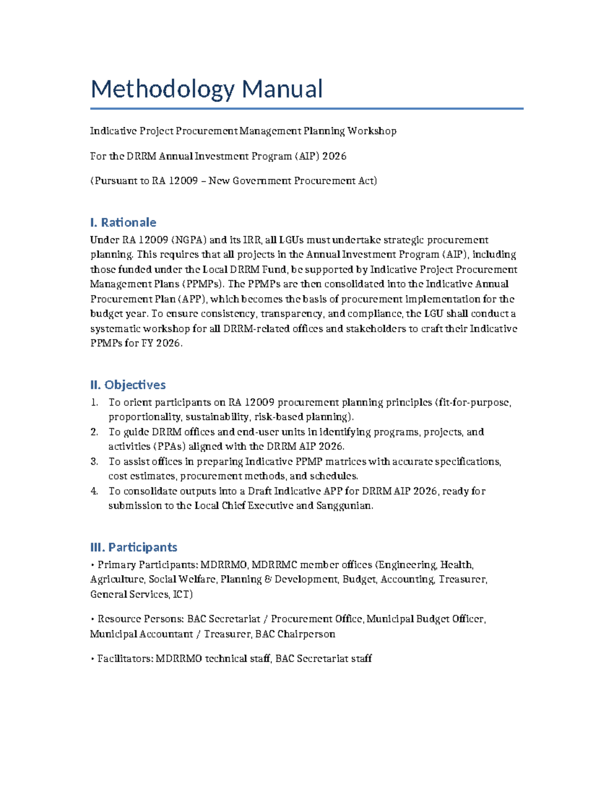 Methodology Manual for Indicative Project Procurement Planning Workshop ...