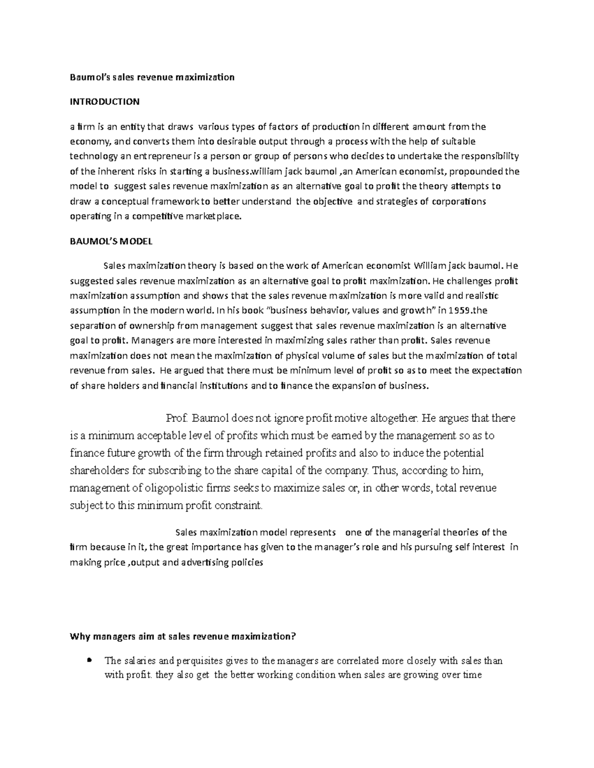 Baumol’s Sales Revenue Maximization Model: Key Concepts & Implications - Studocu