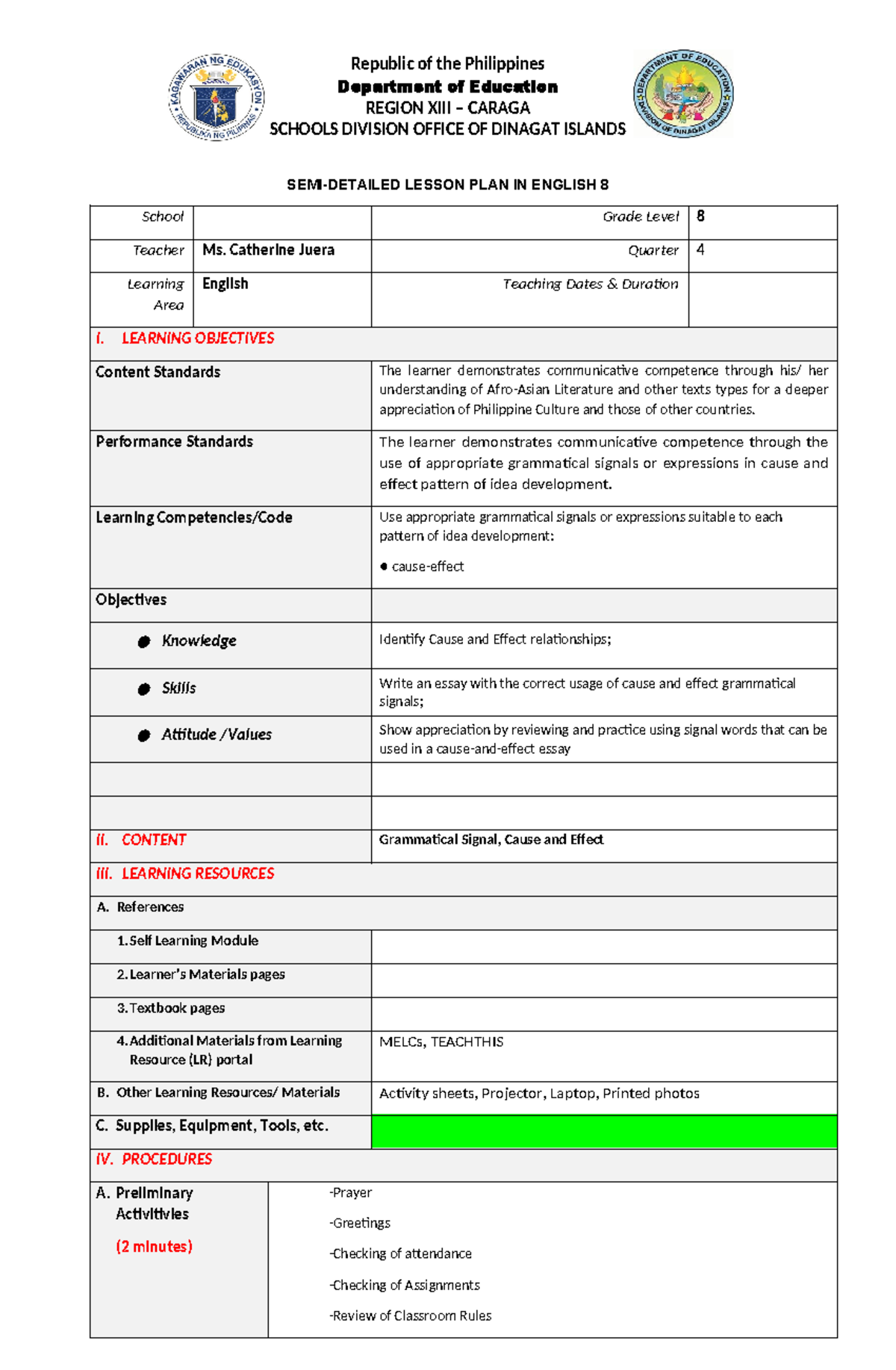 DT-DLP-4As.1 - Grade 8 English Lesson Plan: Grammatical Signals & Cause ...