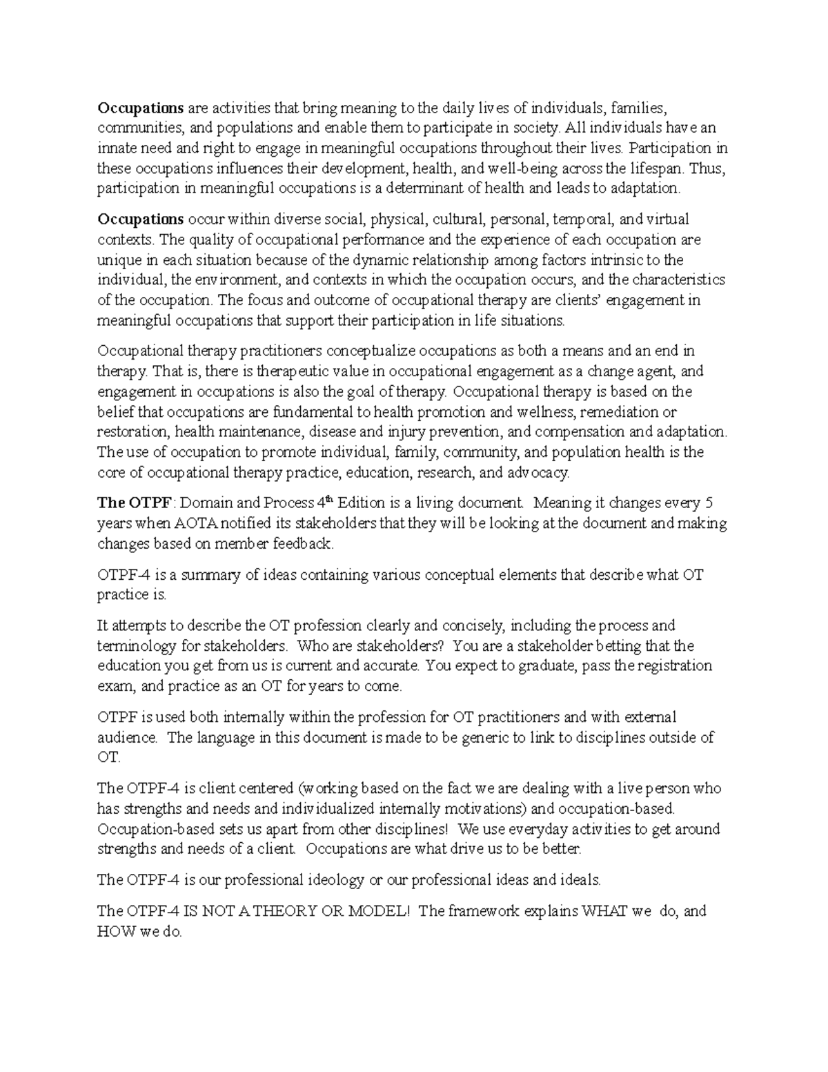 OTPF-4: Key Concepts and Framework for Dr. Evans OS 201 Quiz 1 - Studocu