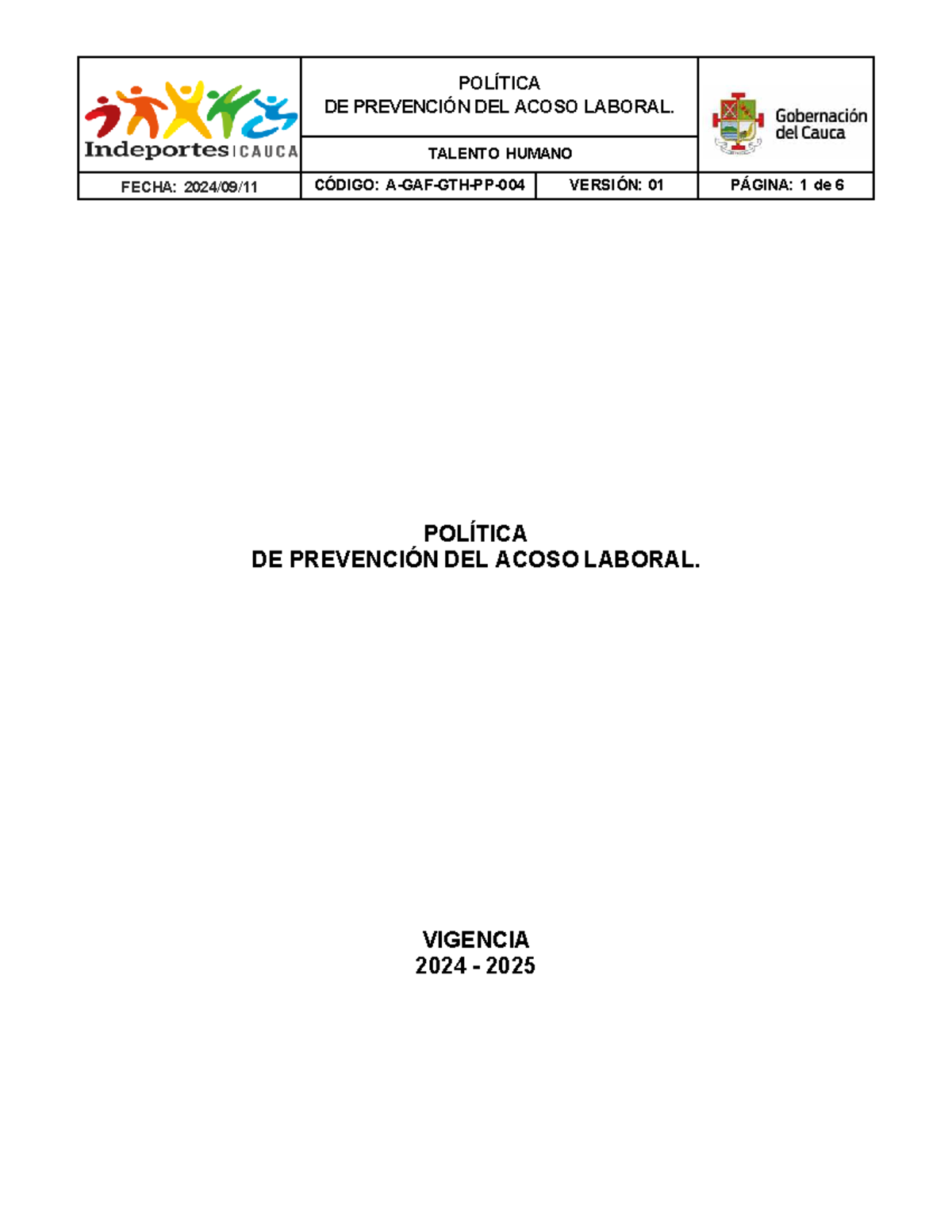 POLÍTICA DE PREVENCIÓN DEL ACOSO LABORAL - TALENTO HUMANO 2024-2025 ...