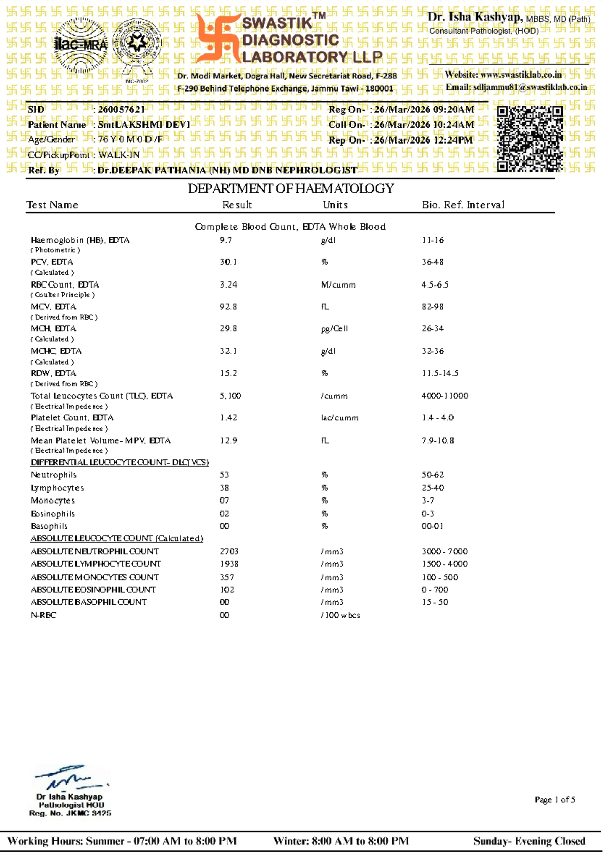Clinical Test Report for Smt. Lakshmi Devi (SID: 260057621) - Studocu