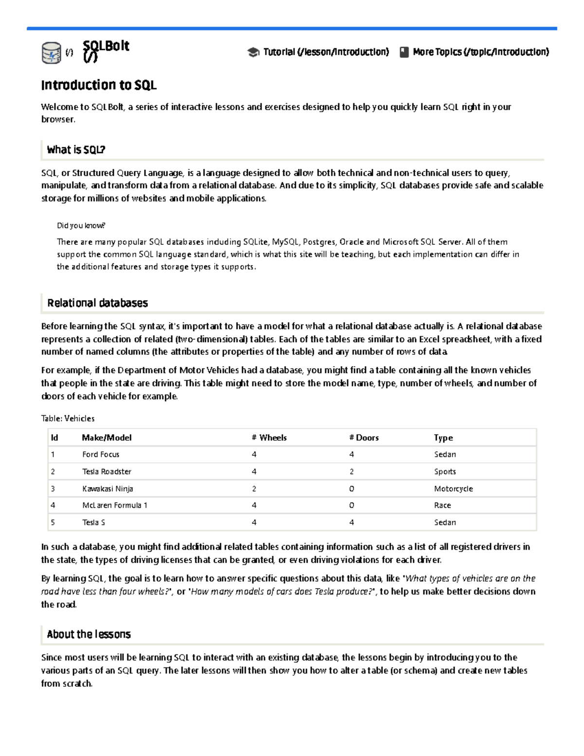 SQLBolt Tutorial: Intro to SQL & Relational Databases - Studocu