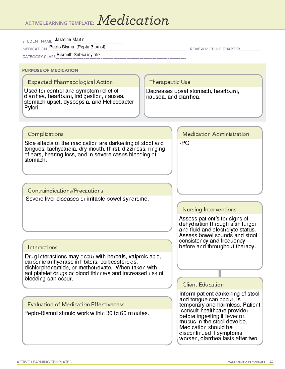 Pepto Bismol Medication Card: Active Learning Template for Nursing ...
