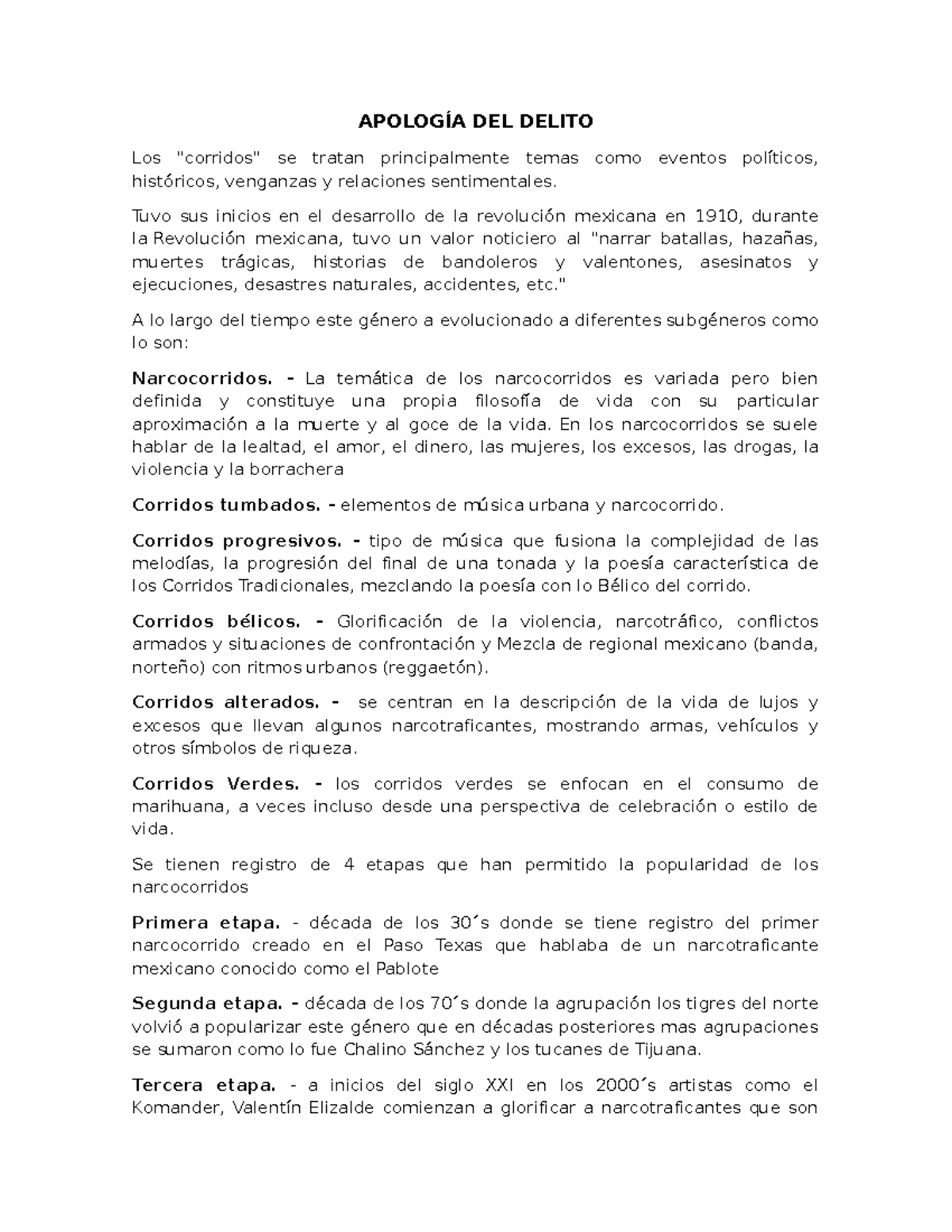 APOLOGÍA DEL DELITO: Evolución y Controversias en Narcocorridos - Studocu