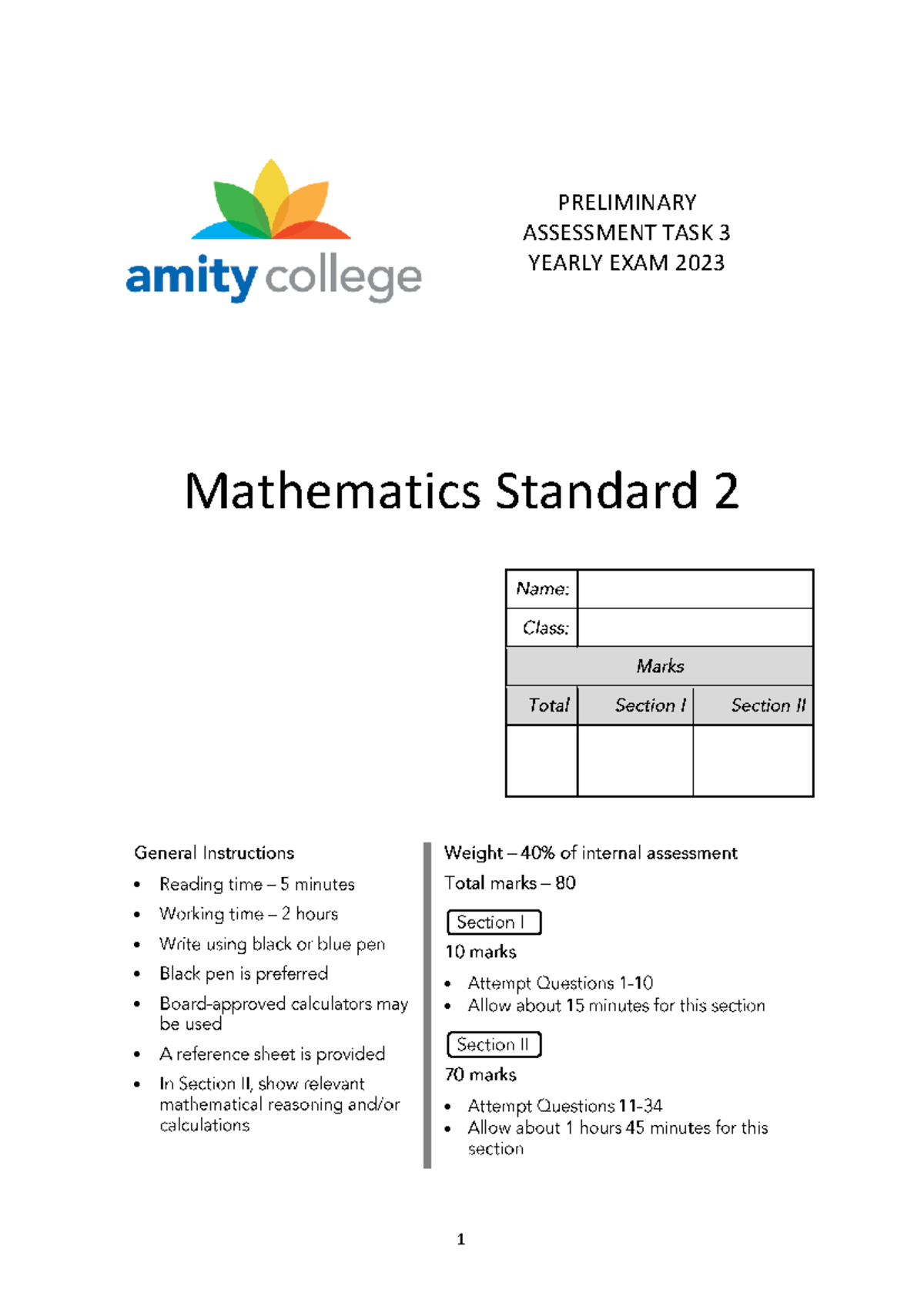 2023 Year 11 Mathematics Standard Preliminary Exam Task 3 - Studocu