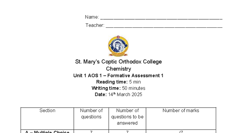 Chemistry C1,2,3 Unit 1 AOS 1 Formative Assessment Guide - Studocu