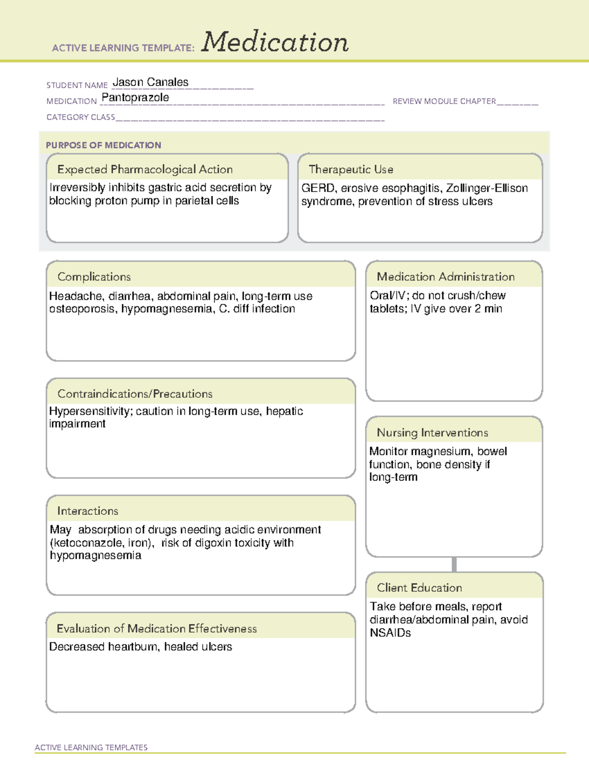 ACTIVE LEARNING TEMPLATE: Drug Cards Week 4 - Pantoprazole - Studocu