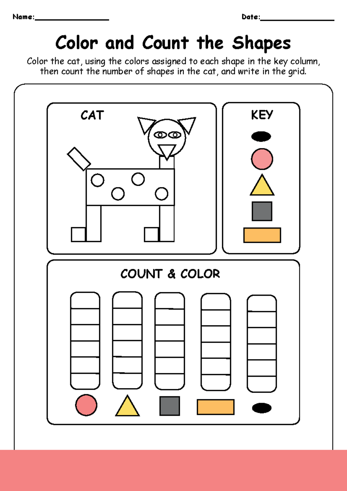 Color and Count the Shapes - Kindergarten Worksheet - Name: Date: CAT ...