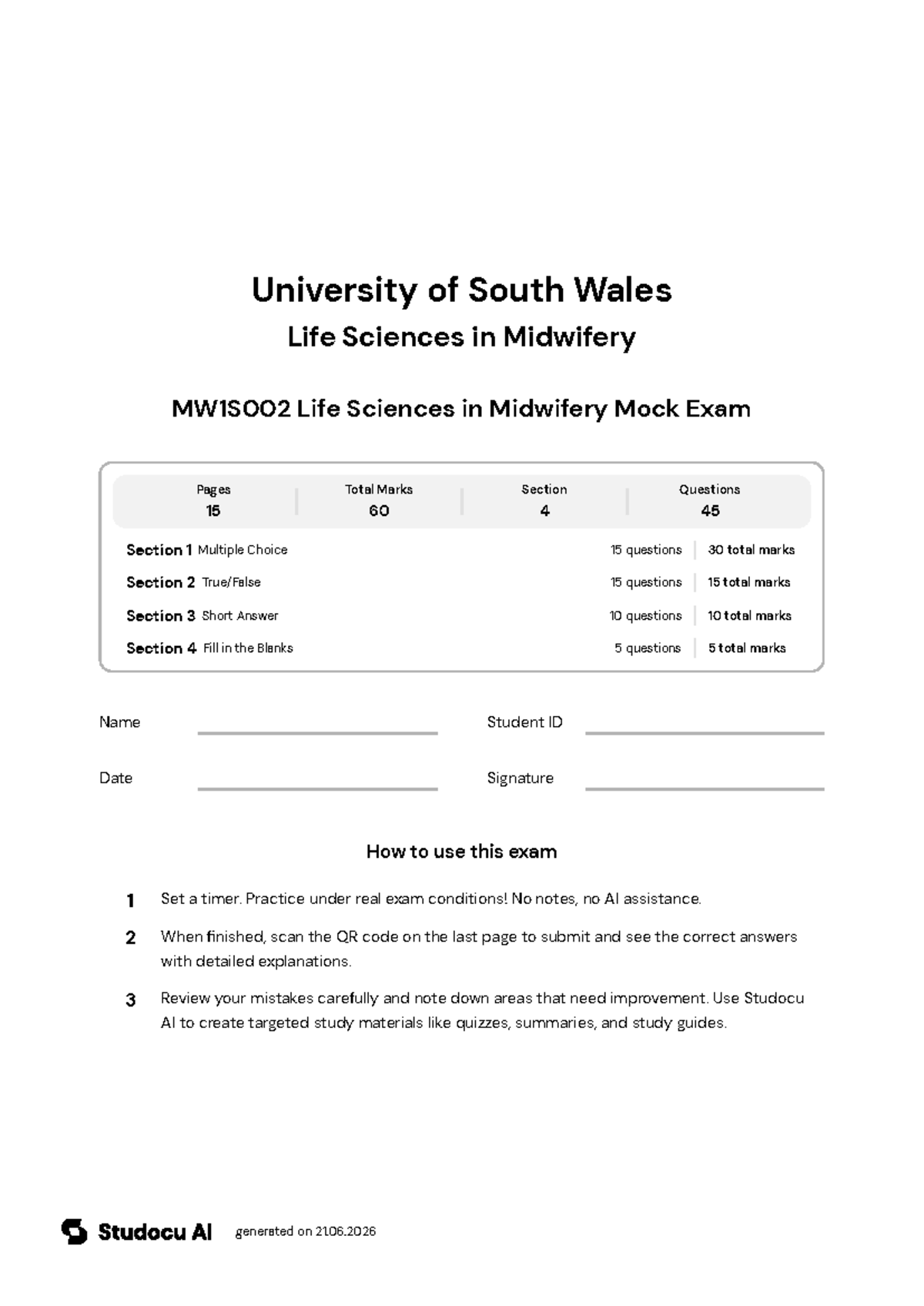 MW1S002 Life Sciences in Midwifery Mock Exam - Studocu