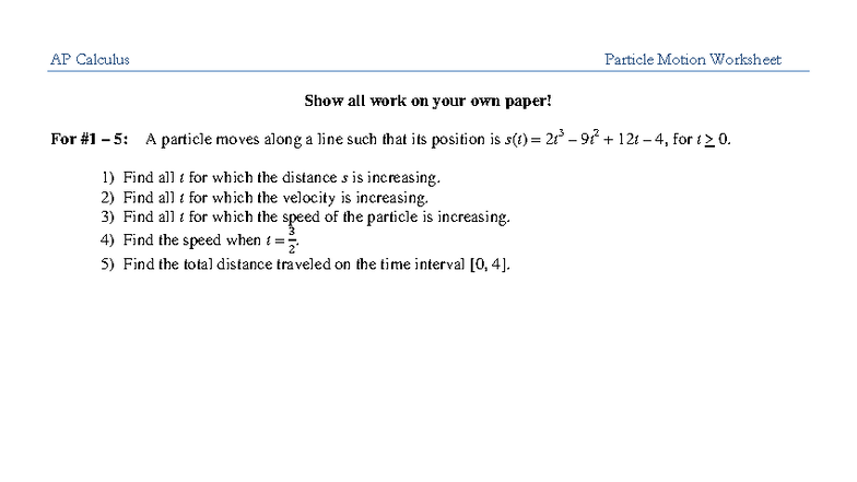 AP Calculus Particle Motion Worksheet & Solutions - Studocu