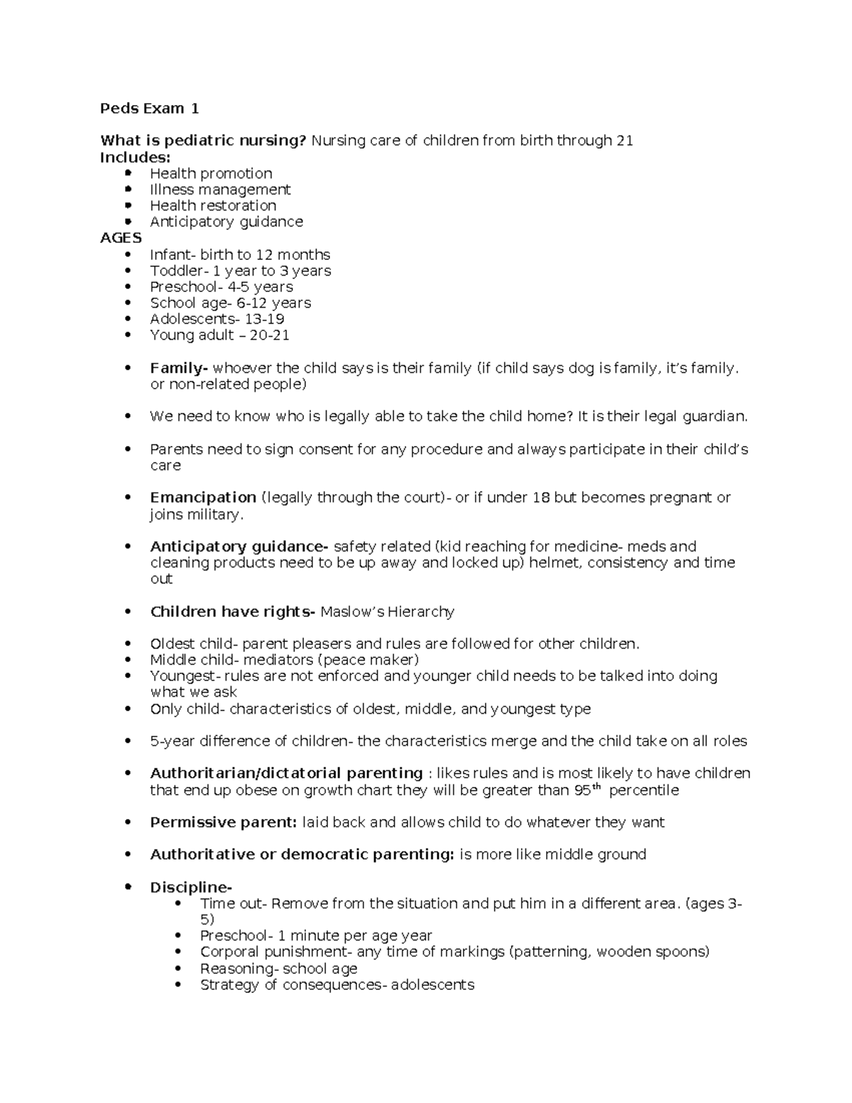 PEDS 101: Pediatric Nursing Exam 1 Study Guide and Key Concepts - Studocu